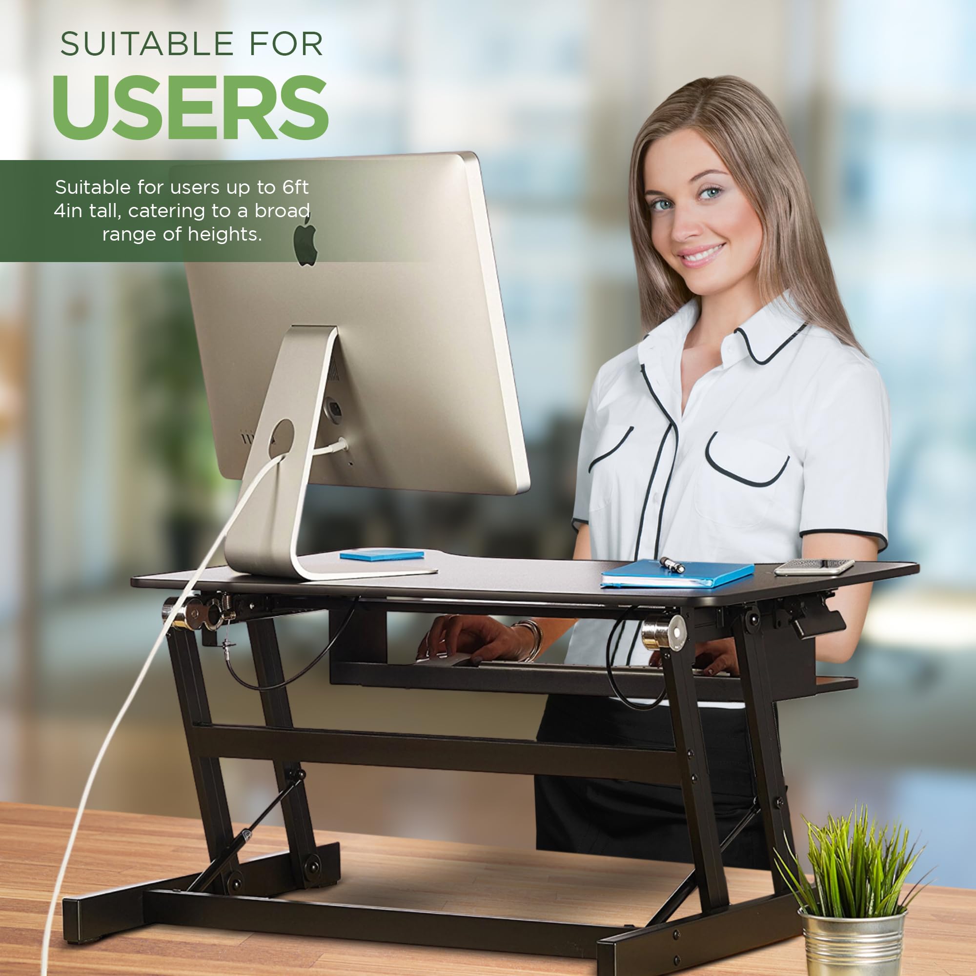 The House of Trade Standing Desk | Desk Riser Classic Stand Up Desk | 32 in Wide Fits 2 Monitors with Retractable Keyboard Tray (Black, 32" Wide)