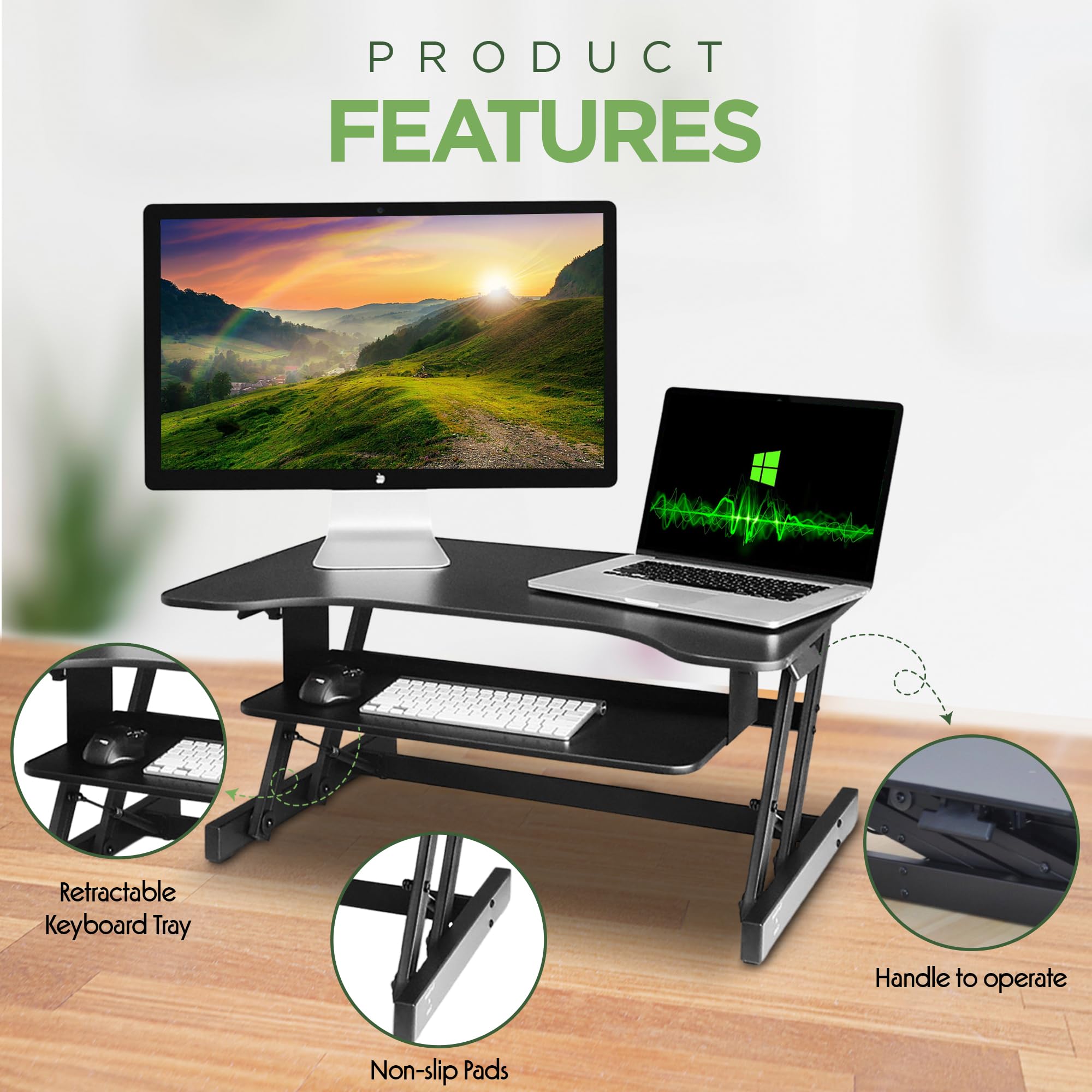 The House of Trade Standing Desk | Desk Riser Classic Stand Up Desk | 32 in Wide Fits 2 Monitors with Retractable Keyboard Tray (Black, 32" Wide)