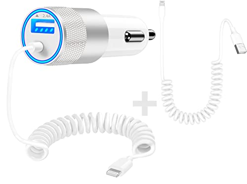 Caiinei iPhone Fast Car Charger, [Apple MFi Certified] 4.8A USB Power Rapid Car Charger with Built-in Coiled Lightning + 6FT Lightning Cable Quick Car Charging for iPhone 14 13 12 11 Pro/XS/XR/SE/iPad