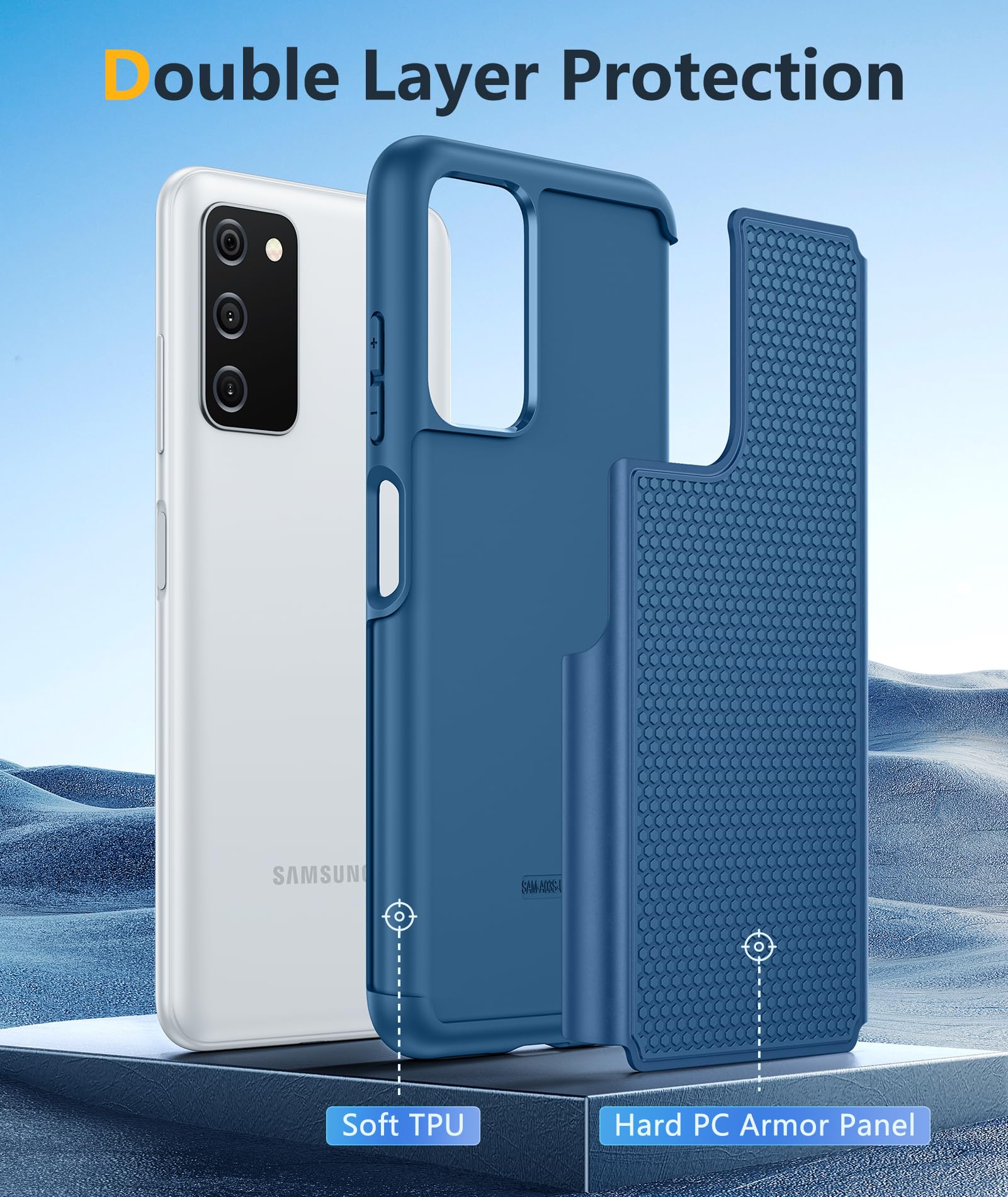 BNIUT for Samsung Galaxy A03s Case: Dual Layer Shockproof Protective Heavy Duty Cell Phone Cover Rugged with Non Slip Textured Back - Military Protection Bumper Tough - 6.5inch (Blue Navy)