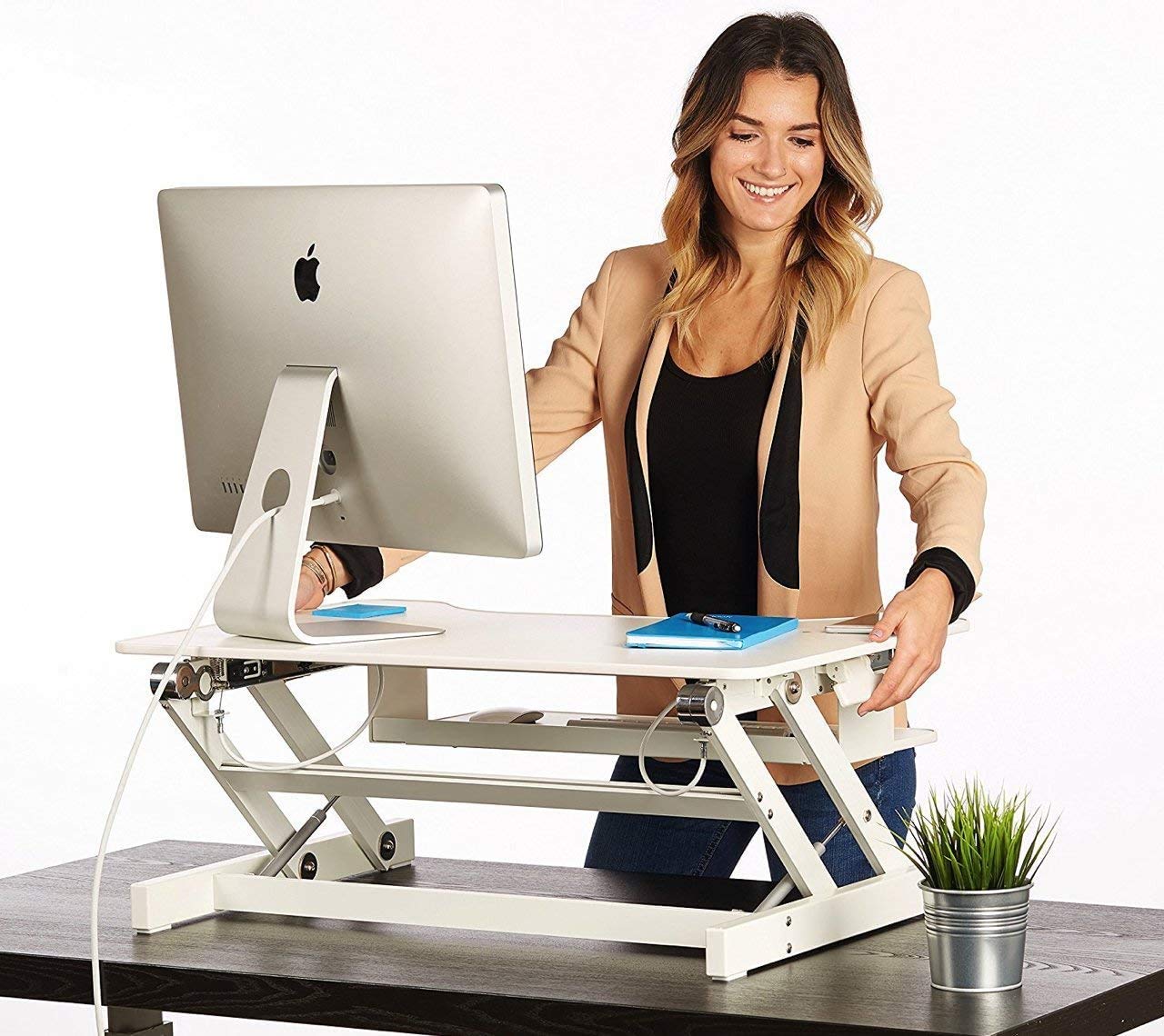 The House of Trade Standing Desk | Desk Riser Classic Stand Up Desk | 32 in Wide Fits 2 Monitors with Retractable Keyboard Tray (Black, 32" Wide)