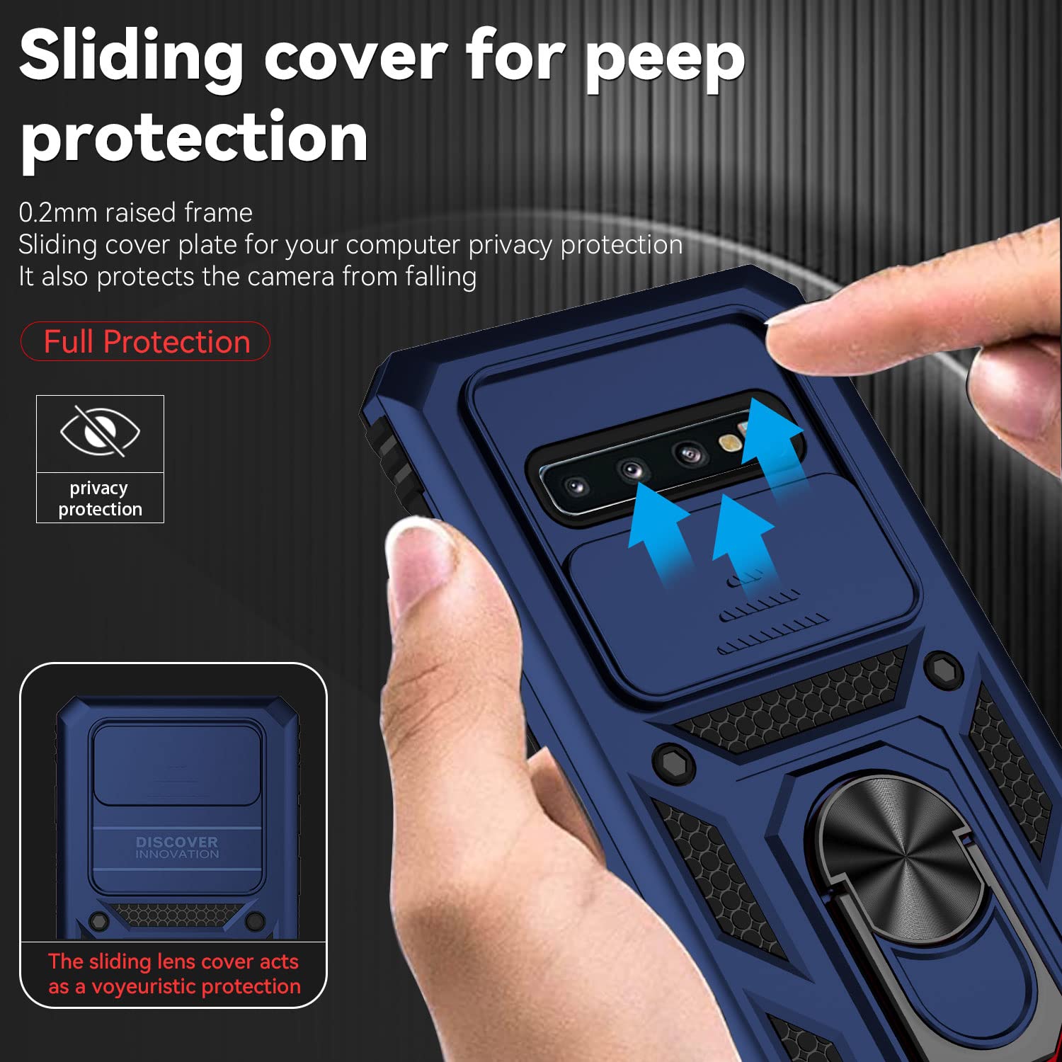 for Samsung Galaxy S10 Case with Camera Lens Cover HD Screen Protector, Dual Layer Military-Grade Drop Tested Magnetic Ring Holder Kickstand Protective Phone Case for Samsung Galaxy S10 (Navy Blue)