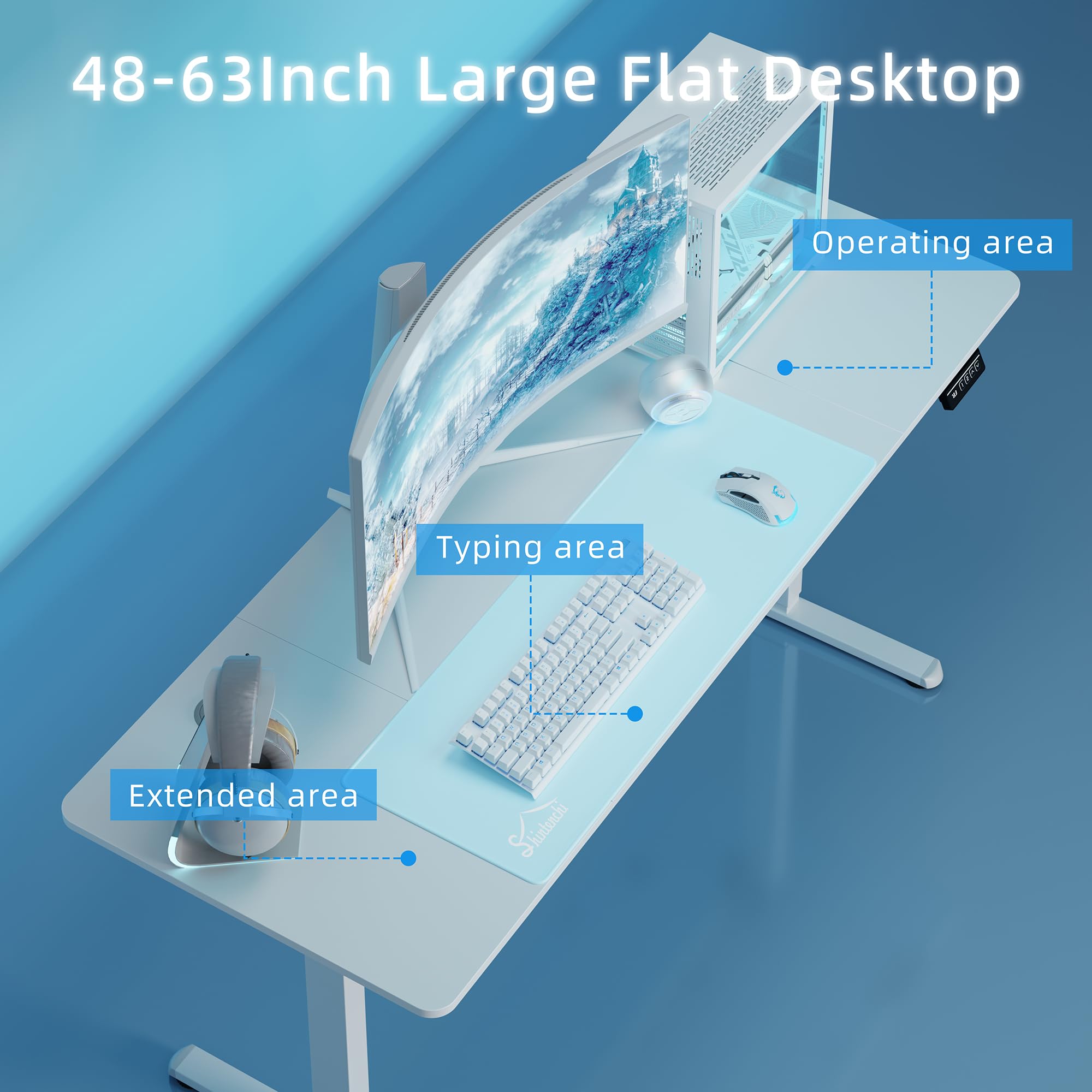 Shintenchi Electric Standing Desk, 63 x 24 Inch Height Adjustable Sit Stand Desk Morder Home Office Stand Up Desk Computer Work Station with Splice Board, (White Frame + White Top)