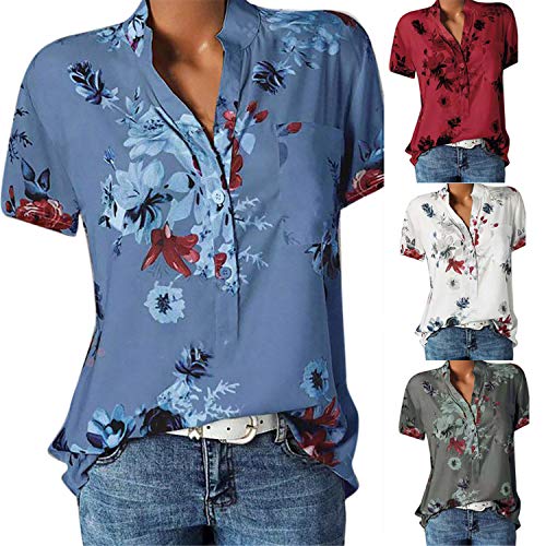 Andongnywell Women's Short Sleeve Tops Floral V Neck Casual Blouses Shirts Button Up Tunic Blouses (Purple,7,4X-Large)