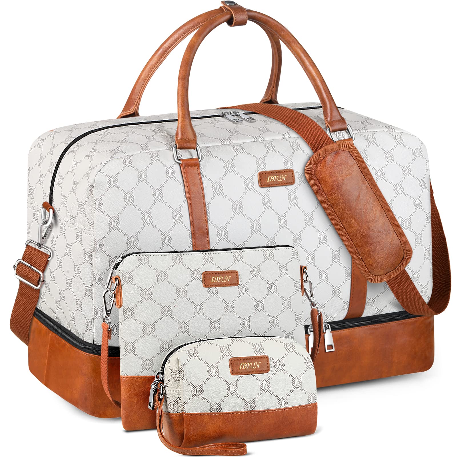 IBFUN Overnight Bags for Women, Large Travel Duffel garment Bag for Women with Shoes Compartment, Carry on Bag for Airplanes Men Leather Travel Business Essential Toiletry Gift 3Pcs