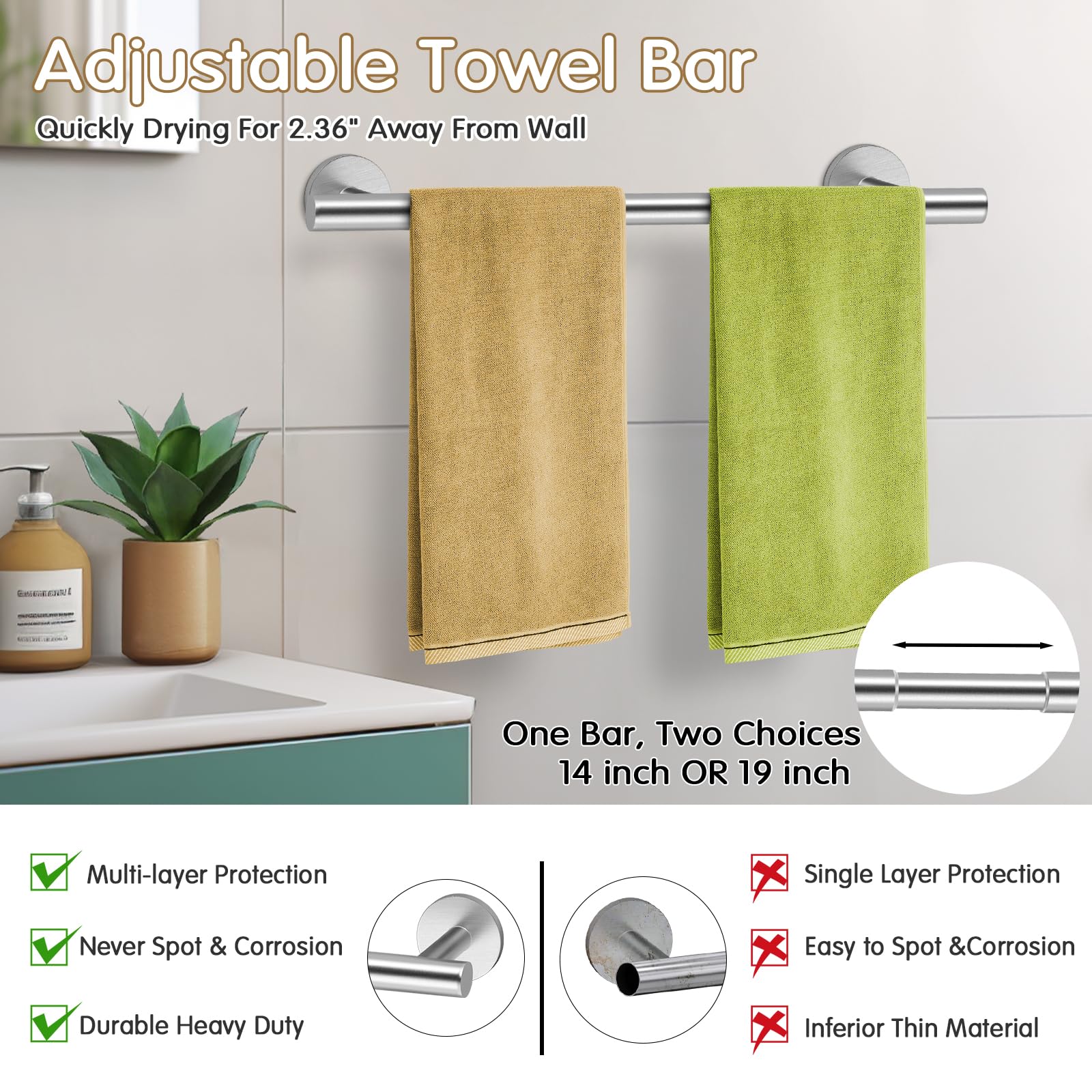 Bathroom Hardware Set, Brushed Nickel Bathroom Accessories, 6PCS Adjustable Towel Holder Set, Expandable Tower Bar, Adhesive Toilet Paper Holder, Stainless Steel Towel Rack, Towel Ring, Hooks,No Drill