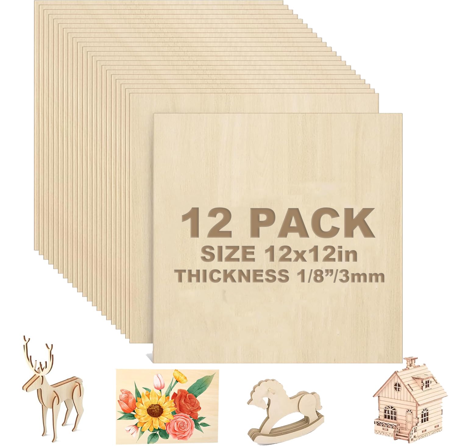 12 Pack 11.8 × 11.8 Inch Basswood Sheets Thin Wood Sheets Plywood Board Basswood Sheets 1/8 inch Square Unfinished Wood Boards for Crafts, DIY Project, Mini House Building Architectural Model Making