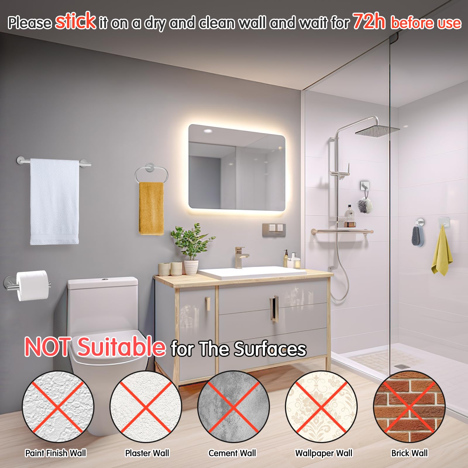 Bathroom Hardware Set, Brushed Nickel Bathroom Accessories, 6PCS Adjustable Towel Holder Set, Expandable Tower Bar, Adhesive Toilet Paper Holder, Stainless Steel Towel Rack, Towel Ring, Hooks,No Drill