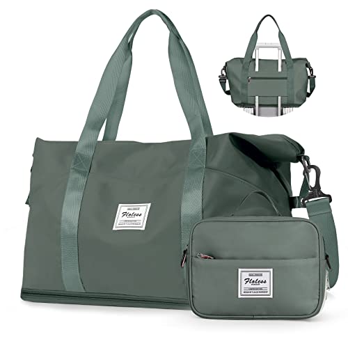 Travel Bag,Waterproof Duffel Gym Tote Bag with Toiletries Bag,Weekender Carry On Overnight Bags for Women with Trolley Sleeve Wet Pocket,Duffel Hospital Bag, Green Set