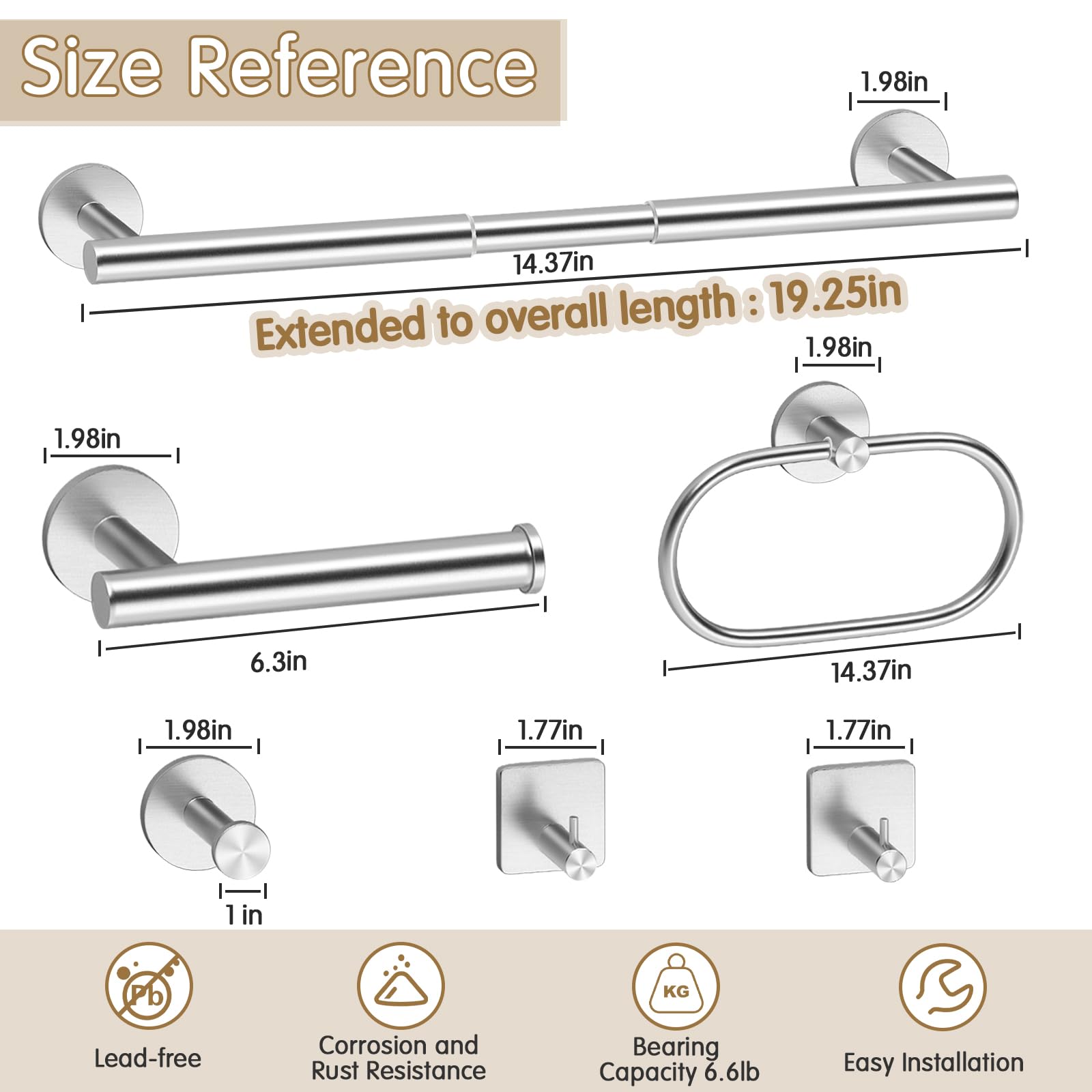 Bathroom Hardware Set, Brushed Nickel Bathroom Accessories, 6PCS Adjustable Towel Holder Set, Expandable Tower Bar, Adhesive Toilet Paper Holder, Stainless Steel Towel Rack, Towel Ring, Hooks,No Drill