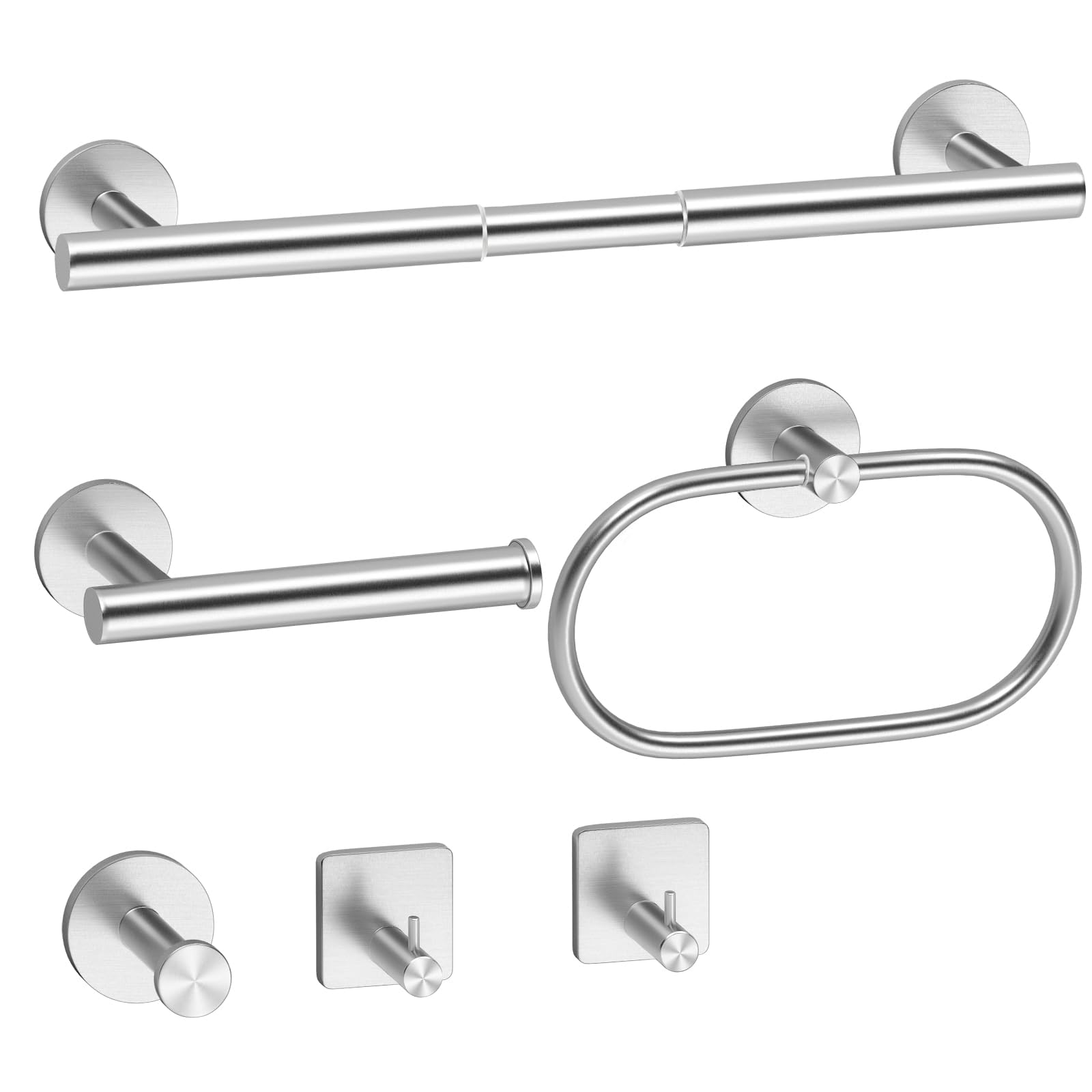 Bathroom Hardware Set, Brushed Nickel Bathroom Accessories, 6PCS Adjustable Towel Holder Set, Expandable Tower Bar, Adhesive Toilet Paper Holder, Stainless Steel Towel Rack, Towel Ring, Hooks,No Drill
