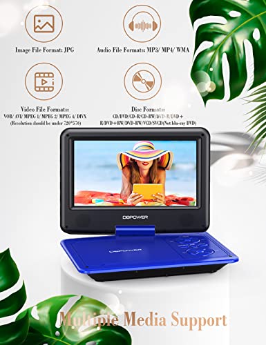 DBPOWER 11.5" Portable DVD Player, 5-Hour Built-in Rechargeable Battery, with 9" Swivel Screen, Support CD/DVD/SD Card/USB, with Remote control, 1.8M Car Charger and Power Adaptor (Blue)