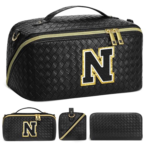 YOOLIFE Initial Travel Makeup Bag - Make Up Bag PU Leather Cosmetic Bag Travel Toiletry Bag for Women Cute Makeup Bag Black Make Up Bags for Women Large Makeup Bag Unique Birthday Gifts Black N