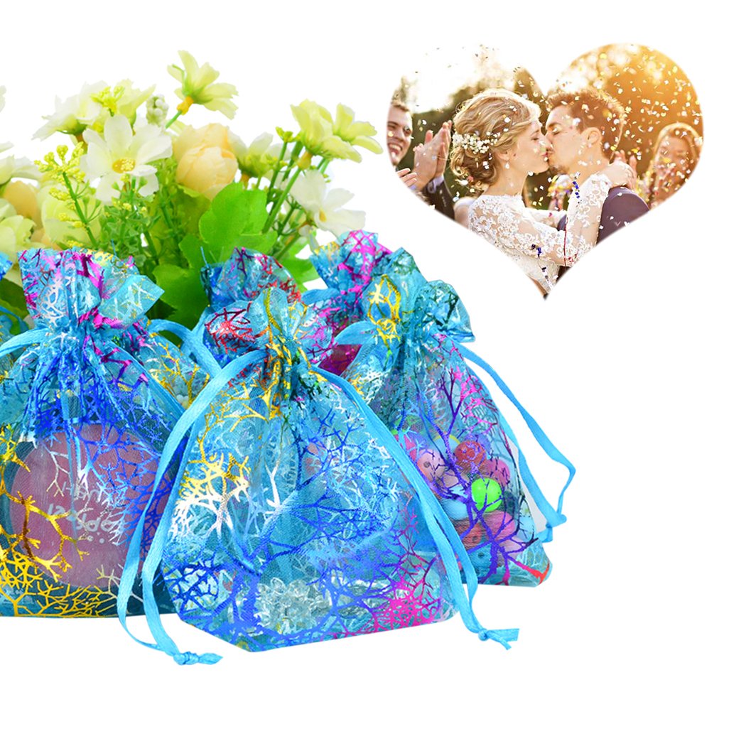 Marrywindix 100pcs Blue Organza Drawstring Pouches Jewelry bags, Candy Pouch Chocorate Pouch Party Wedding Favor Gift Bag