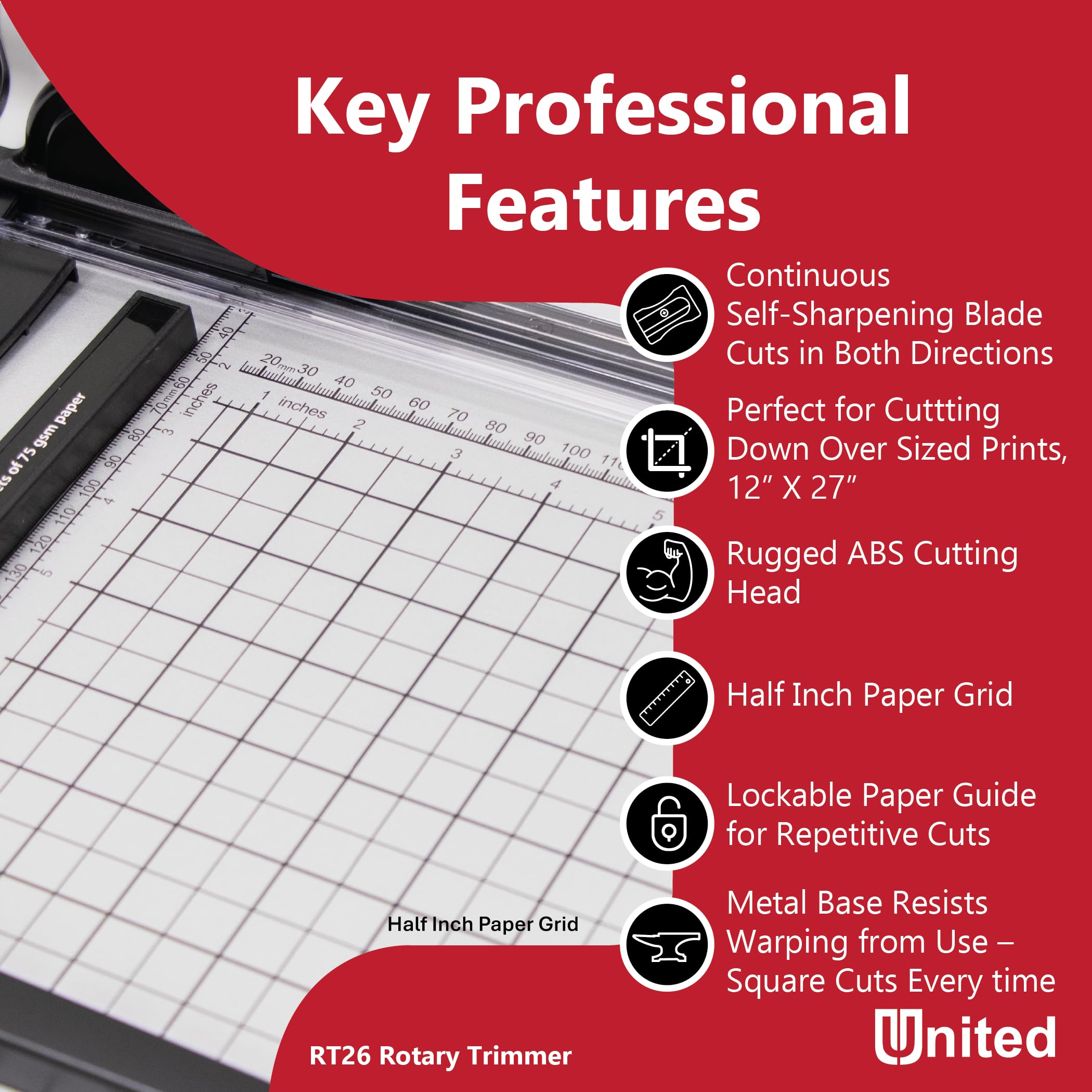 United RT26 Rotary Paper Trimmer, 26" Cut Length, 15 Sheet Capacity, Crafts and Office
