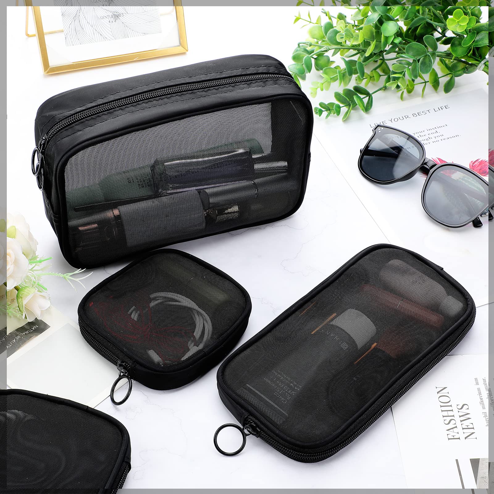 Weewooday 4 Pcs Mesh Makeup Bag Mesh Cosmetic Bag Travel Toiletry Pouch with Zipper Mini Makeup Cosmetic Purse for Daily Accessory (Pink,Small)(Small, Large, Medium,Black)