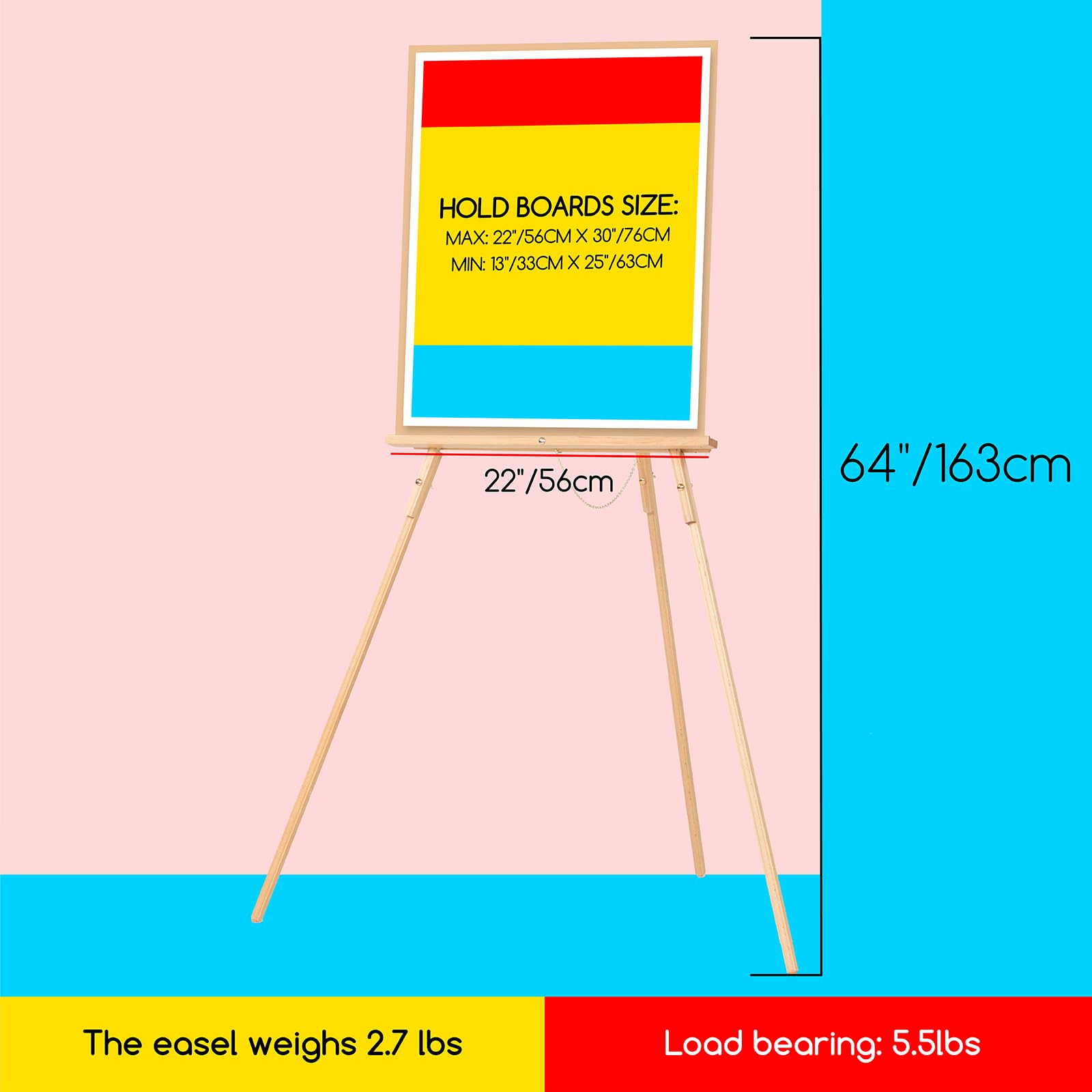 MEEDEN Beech Wood Display Wedding Easel Stand, Max Height 64'' Holds Up to 40"/11lb, Wooden Display Tripod for Wedding Sign, Poster, A-Frame Artist Floor Easel for Painting, Canvas, Show, Presenting