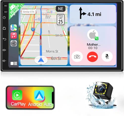 [2G+32G] Android 11 Double Din Car Stereo with Apple Carplay Android Auto, 7 Inch Touch Screen Car Radio with HiFi/BT/IPS Display/GPS Support Fastboot Backup Camera Mirror Link WiFi Connect BAJKQKAI