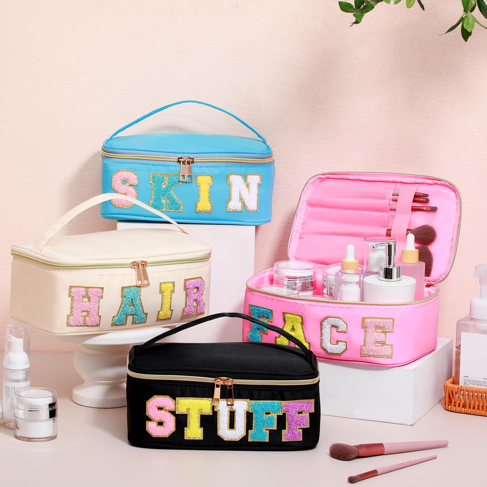 Sanwuta 4 Pcs Chenille Letter Makeup Bag Preppy Patch Cosmetic Bag Nylon Makeup Pouch Portable Travel Large Stuff Bag Toiletry Storage Bag with Zipper and Handle (Pink, Blue, Black, Beige)