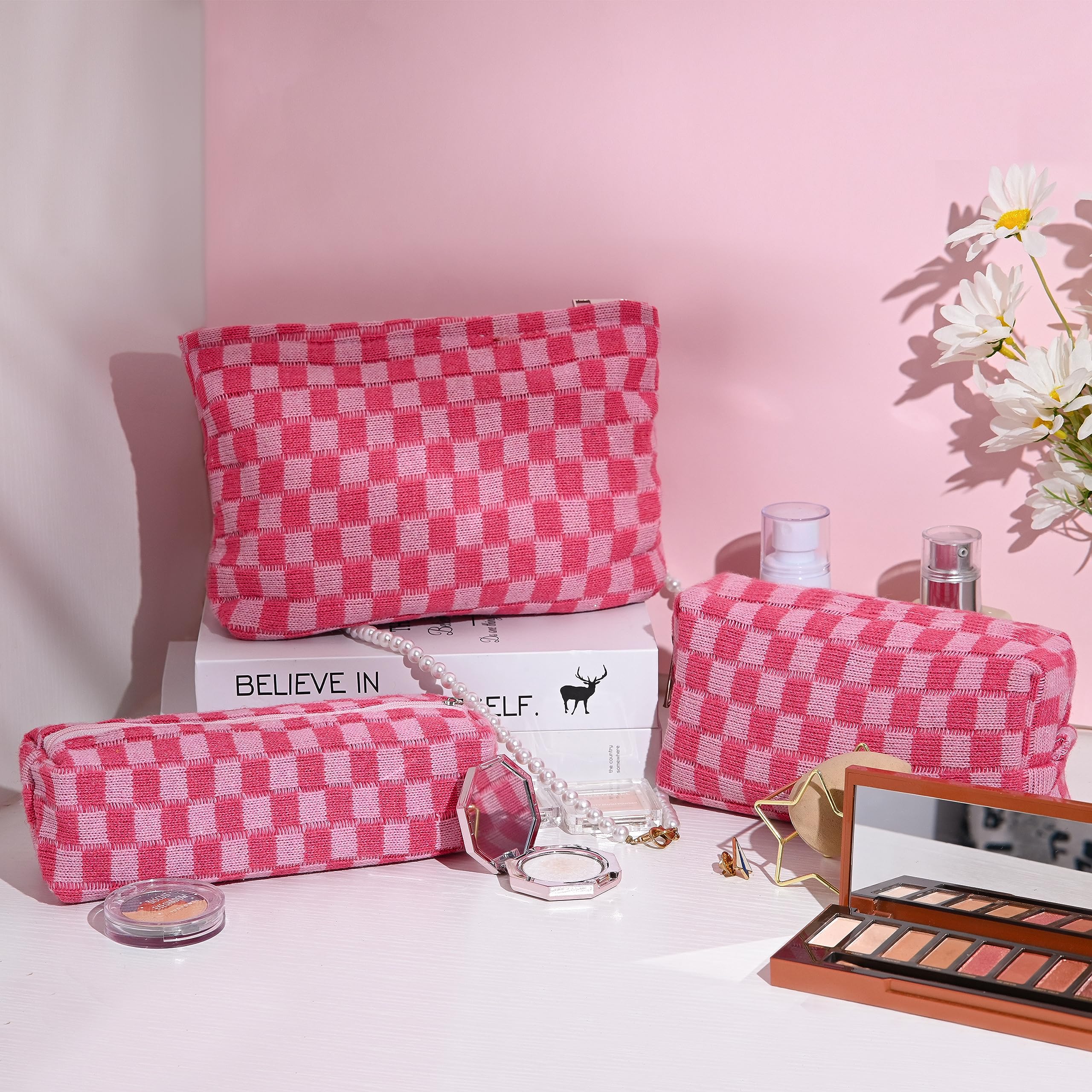 Jeeoy Large Capacity Makeup Bag Set Pink Checkered Makeup Bags 3 Pieces Canvas Travel Makeup Bag Organizer Travel Toiletry Bag Storage Bag for Women
