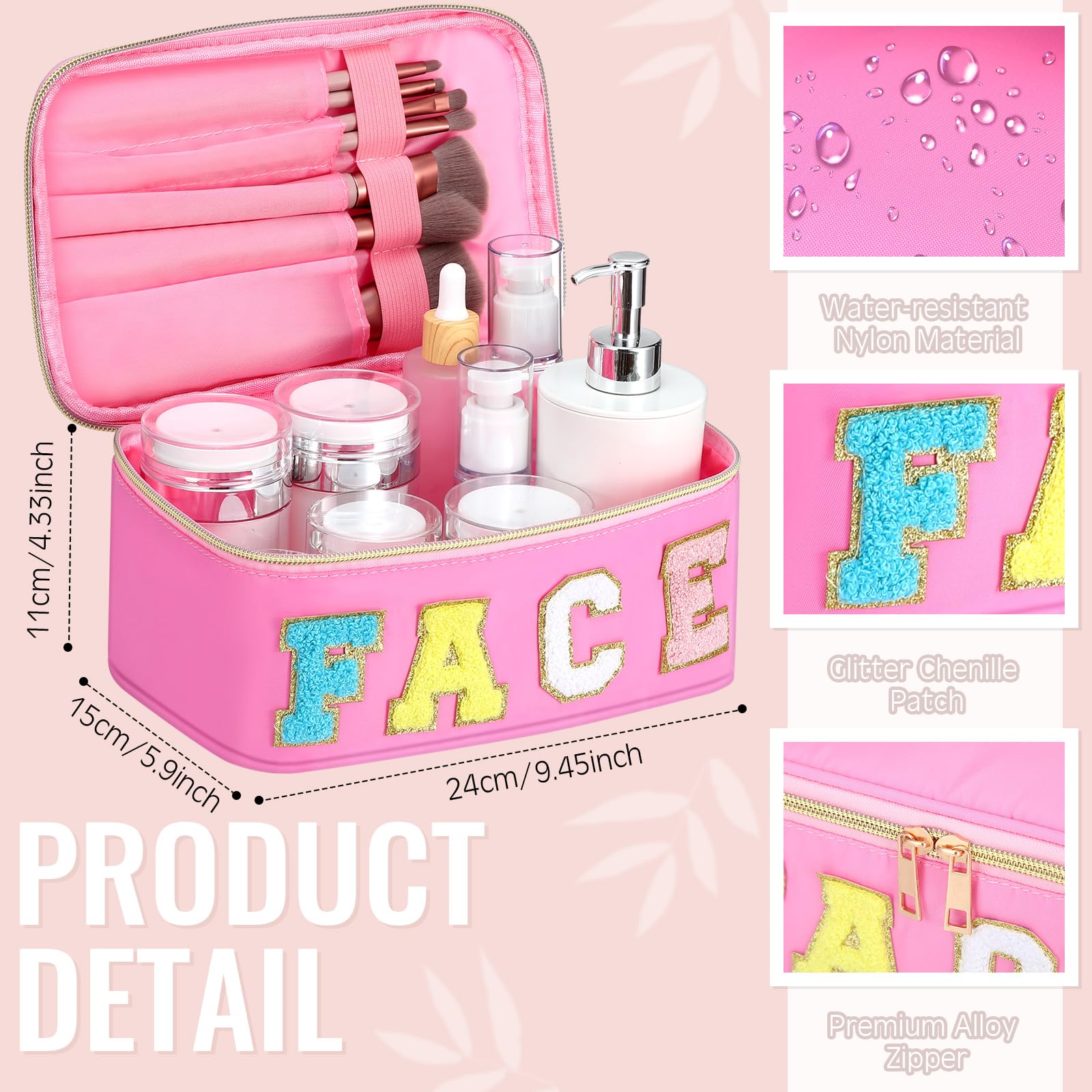 Sanwuta 4 Pcs Chenille Letter Makeup Bag Preppy Patch Cosmetic Bag Nylon Makeup Pouch Portable Travel Large Stuff Bag Toiletry Storage Bag with Zipper and Handle (Pink, Blue, Black, Beige)