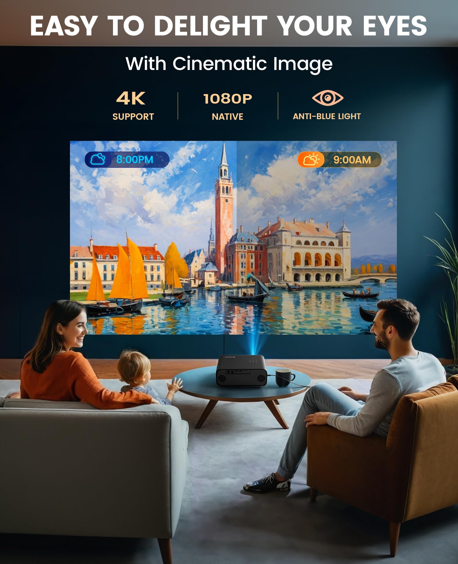 [Auto Focus] Projector with WiFi 6 and Bluetooth 5.2, 480 ANSI Projector 4K, WiMiUS P62 Native 1080P Outdoor Movie Projector, Auto 6D Keystone & 50% Zoom, Smart Home Projector for Phone/PC/TV Stick
