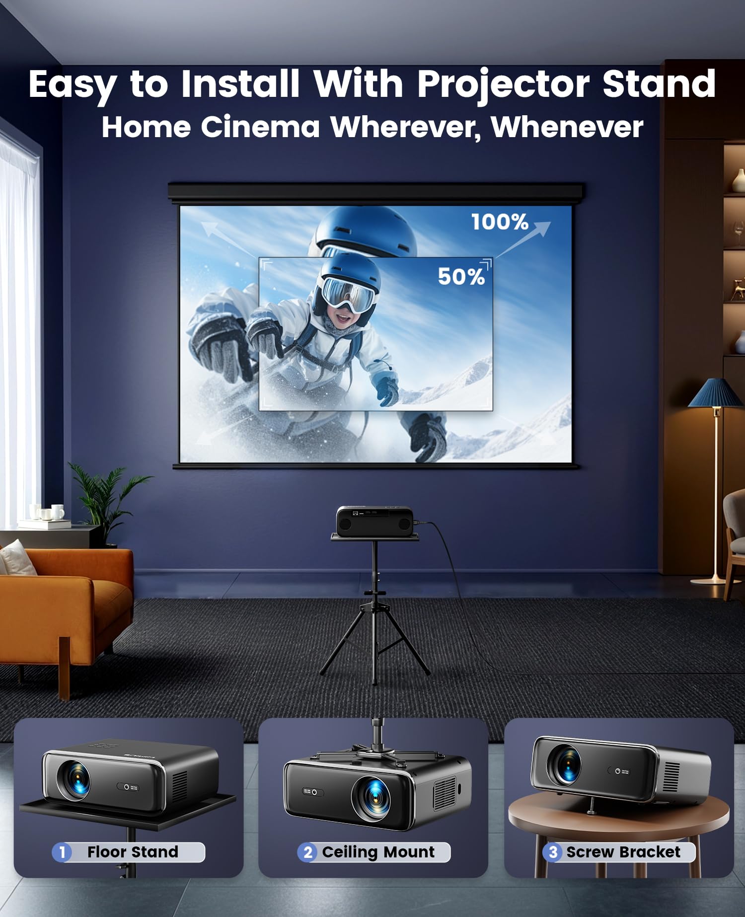 [Auto Focus] Projector with WiFi 6 and Bluetooth 5.2, 480 ANSI Projector 4K, WiMiUS P62 Native 1080P Outdoor Movie Projector, Auto 6D Keystone & 50% Zoom, Smart Home Projector for Phone/PC/TV Stick