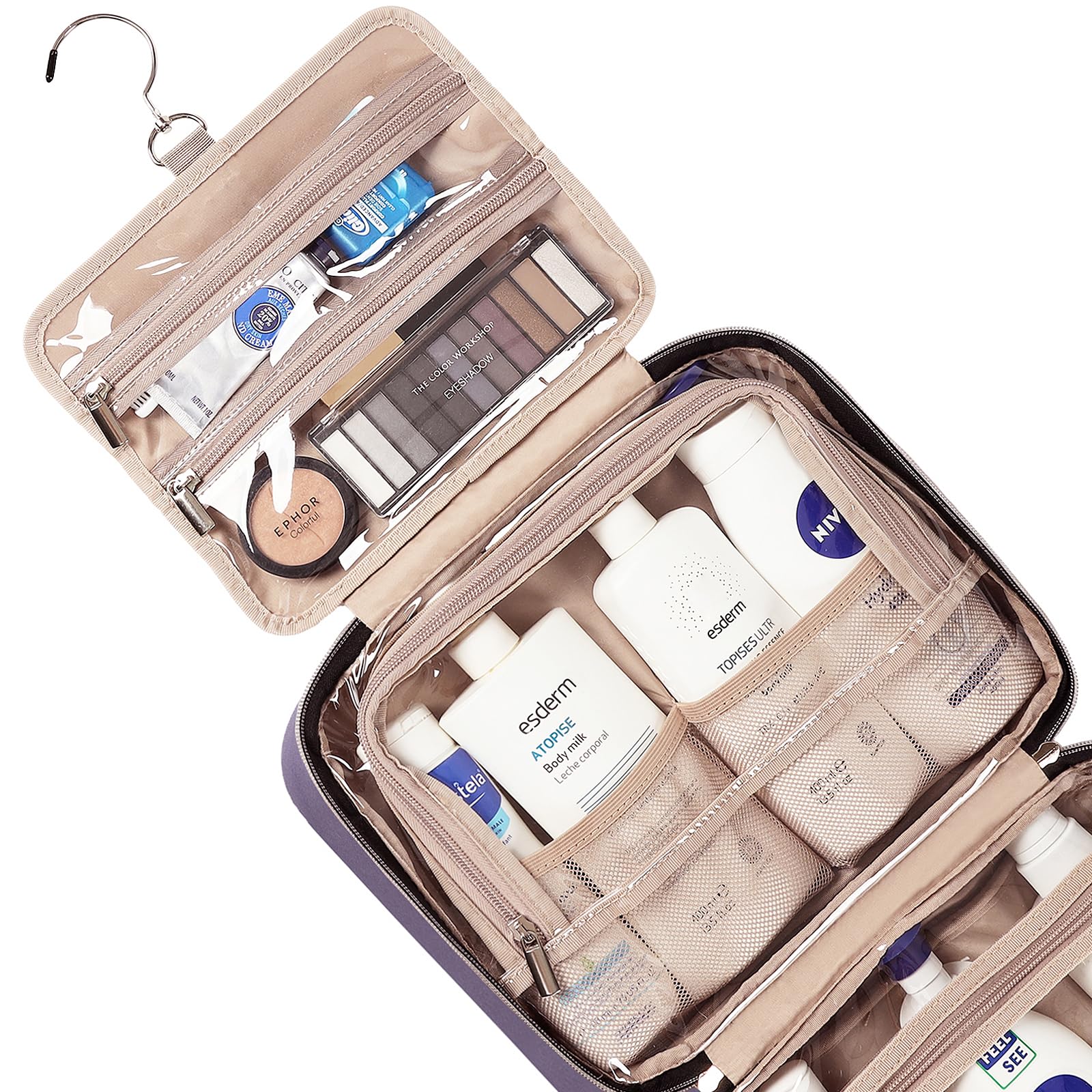NISHEL Travel Toiletry Bag for women, Portable Hanging Organizer for Full-Sized Shampoo, Conditioner, Brushes Set, Makeup Accessories, Large Size, Purple