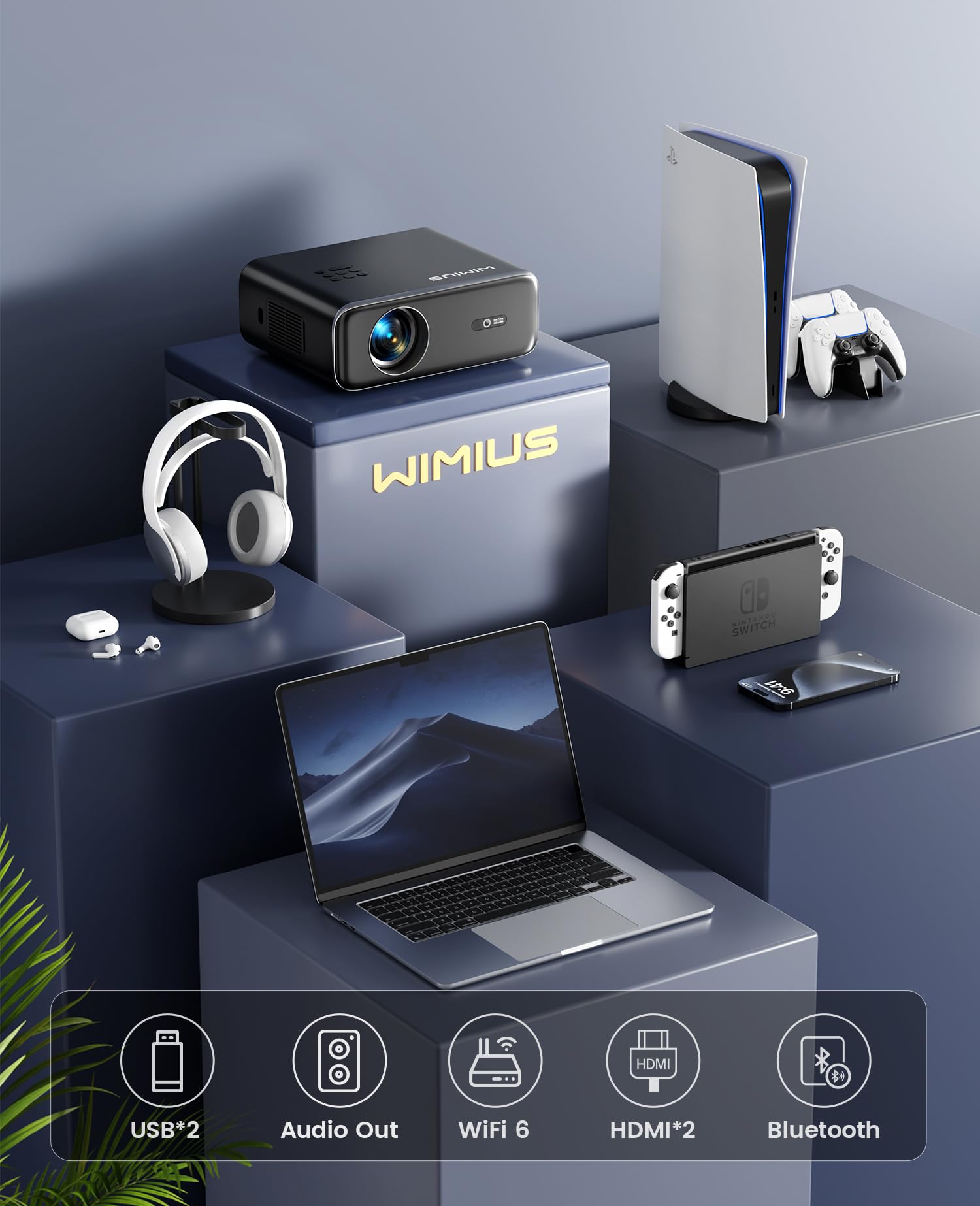 [Auto Focus] Projector with WiFi 6 and Bluetooth 5.2, 480 ANSI Projector 4K, WiMiUS P62 Native 1080P Outdoor Movie Projector, Auto 6D Keystone & 50% Zoom, Smart Home Projector for Phone/PC/TV Stick