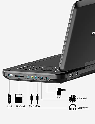 DBPOWER 12" Portable DVD Player with 5-Hour Rechargeable Battery, 10" Swivel Display Screen and SD/ USB Port, with 1.8m Car Charger, Power Adaptor and Car Headrest Mount, Region Free (Black)