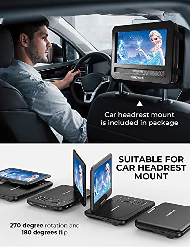 DBPOWER 12" Portable DVD Player with 5-Hour Rechargeable Battery, 10" Swivel Display Screen and SD/ USB Port, with 1.8m Car Charger, Power Adaptor and Car Headrest Mount, Region Free (Black)
