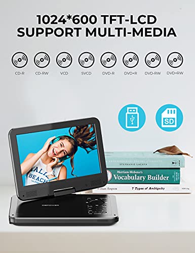 DBPOWER 12" Portable DVD Player with 5-Hour Rechargeable Battery, 10" Swivel Display Screen and SD/ USB Port, with 1.8m Car Charger, Power Adaptor and Car Headrest Mount, Region Free (Black)