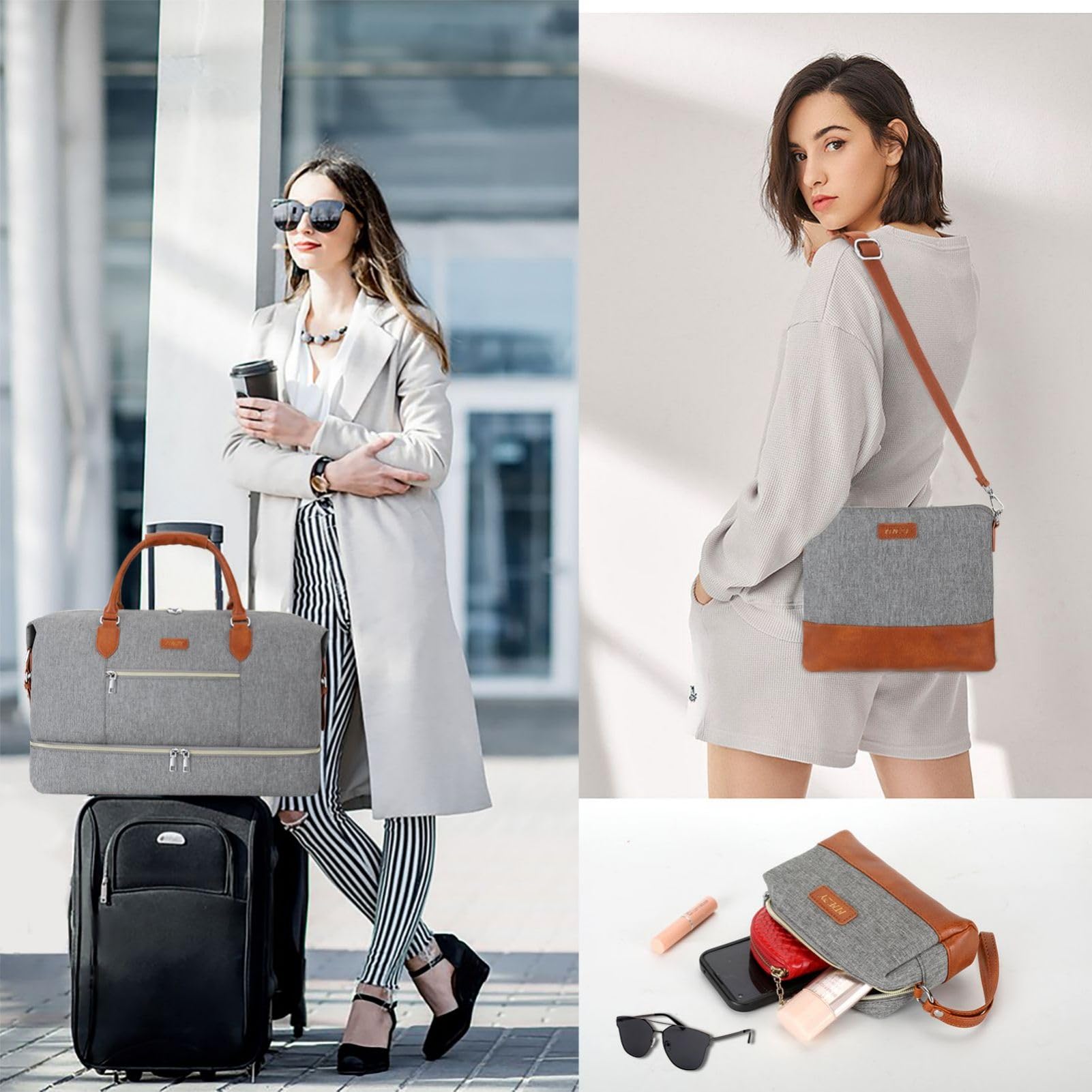 Weekender Bag for Women, Travel Duffel Bag Carry On Overnight Bag with Shoe Compartment Large Nylon Travel Weekend Tote Bag