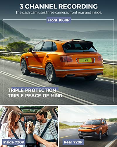 3 Channel 1080P Dash Cam Front and Rear Inside,32GB SD Card Included Three Way Triple Car Camera,IR Night Vision Dash Camera for Cars,Loop Recording, G-Sensor, Parking Monitor for Taxi