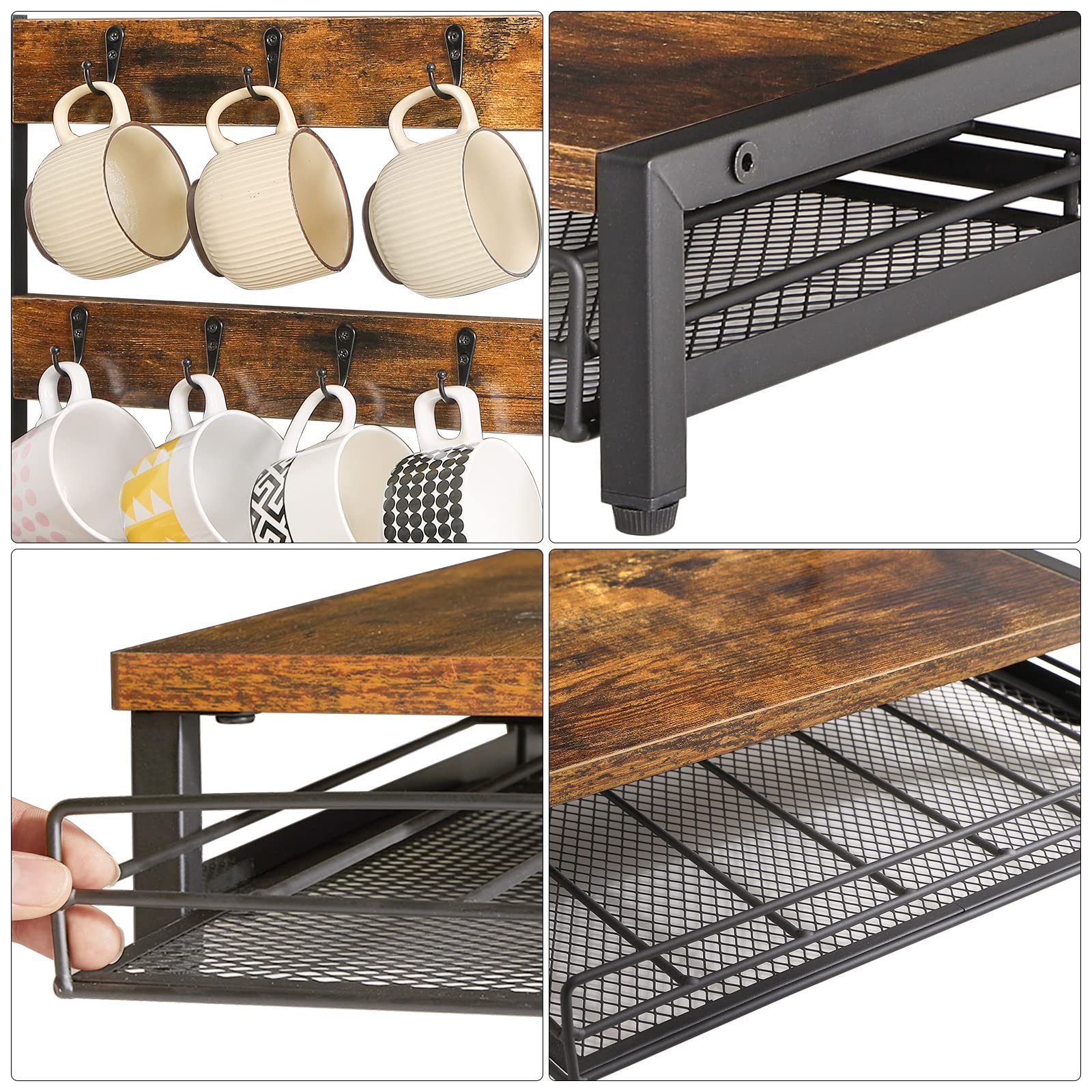 IBUYKE Coffee Pod Drawer, Rustic Coffee Mug Holder Stand, 35 Capsule Capacity, Coffee Station Organizer with Mug Hooks, 2 Tier Countertop Mug Tree Holder Rack TCJ003H