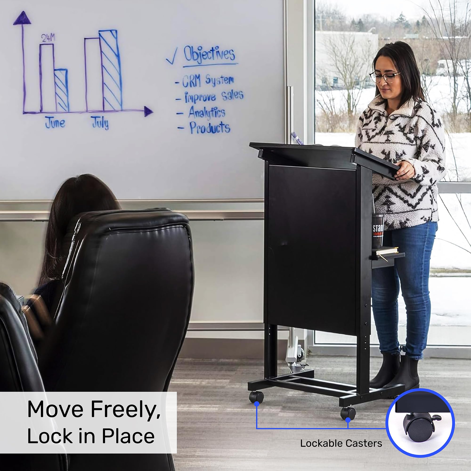 Stand Up Desk Store Mobile Adjustable Height Rolling Lectern Podium with Heavy Duty Steel Frame (Black Frame/Black Shelves, 25.5" Wide)