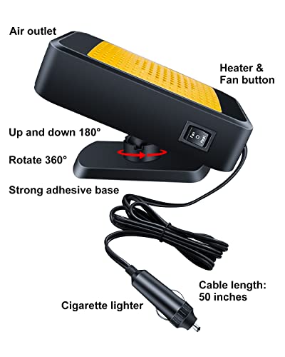 12V 200W Dashboard Heater for Car, Portable Car Heater That Plugs into Cigarette Lighter, Fast Heating Cooling Defrost Defogger for Car, 360 Degree Rotatable Base