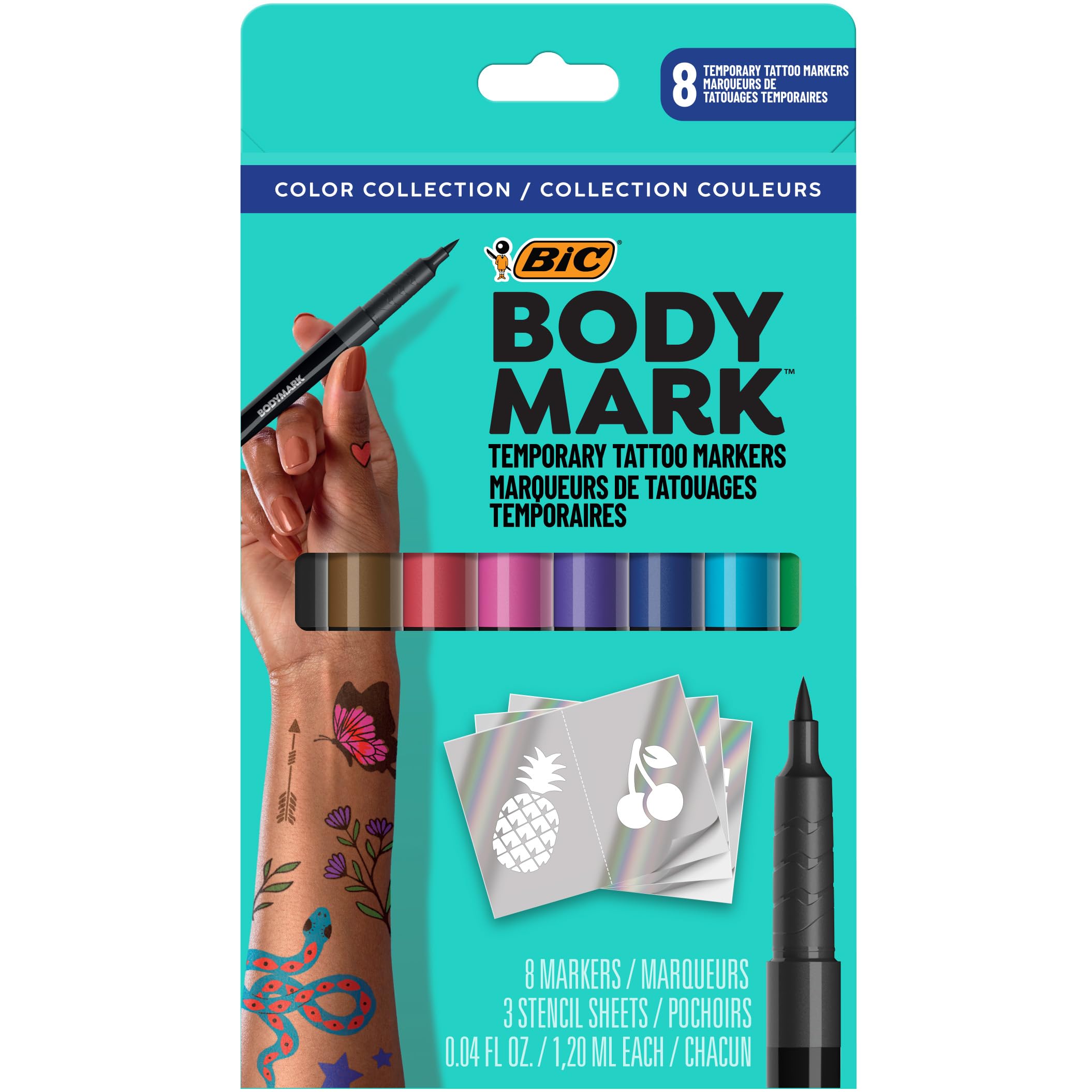 BIC BodyMark Temporary Tattoo Markers for Skin, Color Collection, Flexible Brush Tip, 8-Count Pack of Assorted Colors, Skin-Safe*, Cosmetic Quality (MTBP81-AST), 1 Count (Pack of 8)