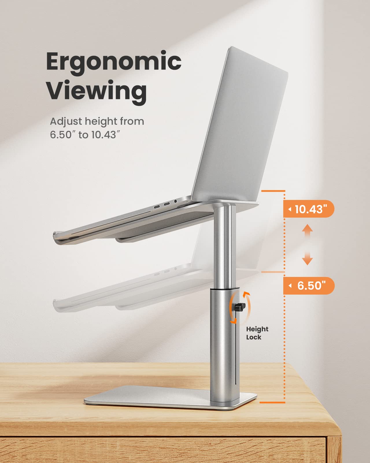 ErGear Adjustable Laptop Stand for Desk, Aluminum Ergonomic Laptop Stand Adjustable Height, Laptop Riser Computer Stand Holder Compatible with Air, Pro, Dell, Lenovo More 10"-15.6" Laptops, Silver