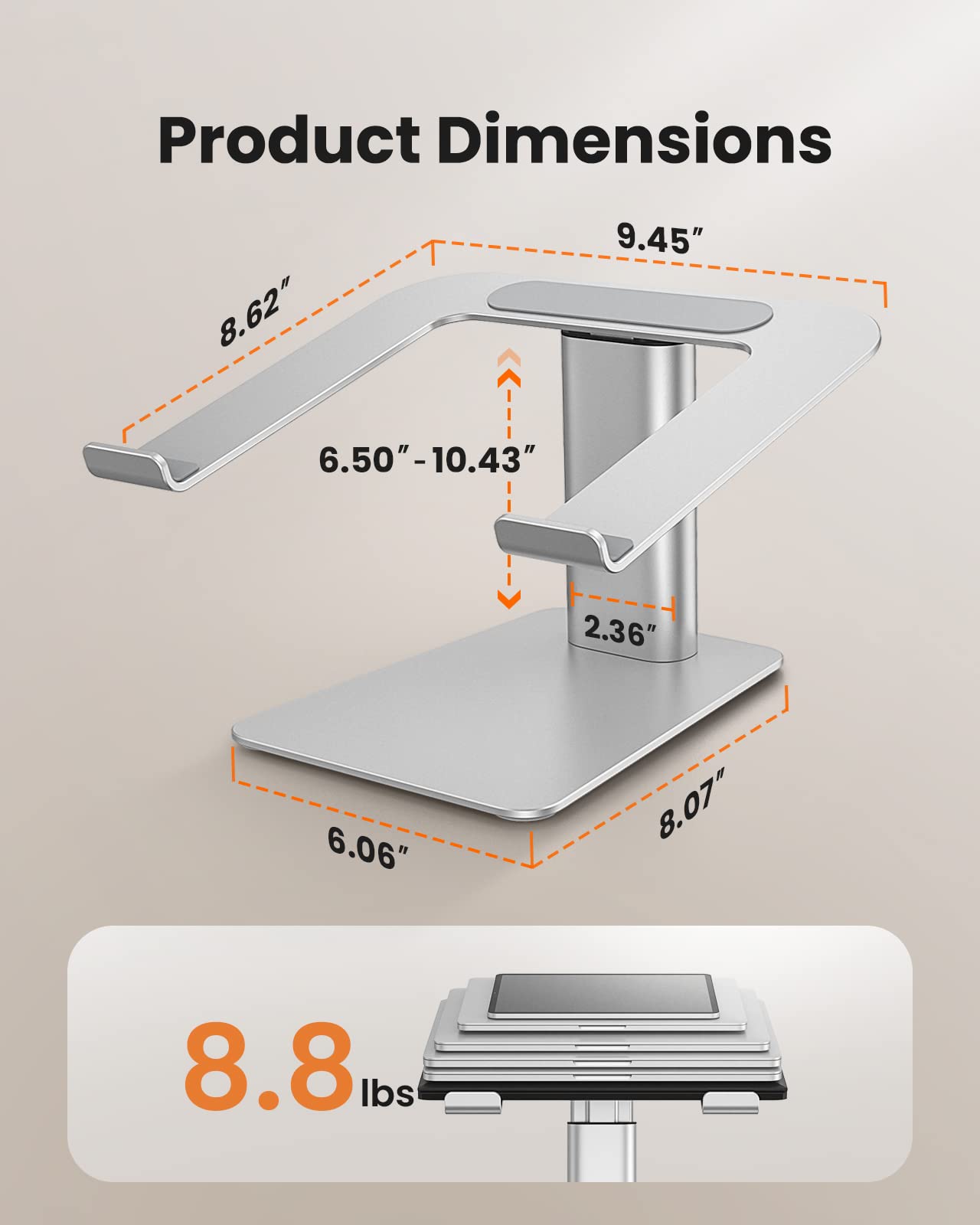 ErGear Adjustable Laptop Stand for Desk, Aluminum Ergonomic Laptop Stand Adjustable Height, Laptop Riser Computer Stand Holder Compatible with Air, Pro, Dell, Lenovo More 10"-15.6" Laptops, Silver