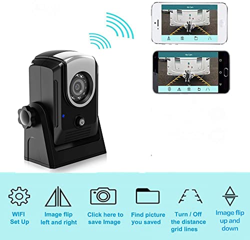 MHCABSR Wireless Backup Reversing Camera, WiFi Dash Camera Work with Phone IP68 Waterproof IR Night Vision Wide Angle Magnetic Rear View Parking Camera for Trailers Trucks RVs Camper Car