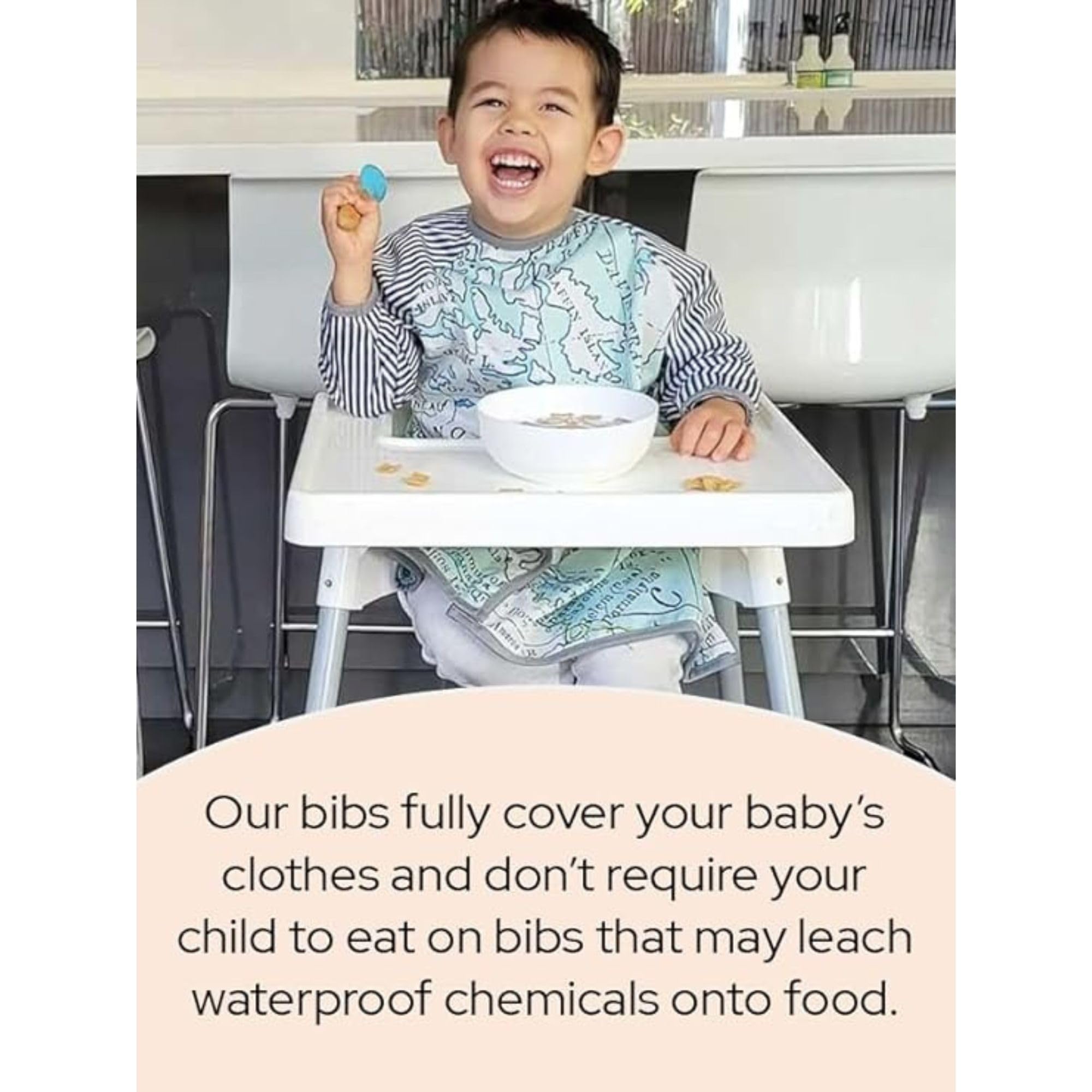 Bibbrella Long Sleeve Bibs for Messy Eaters, Full Coverage Bibs For Baby and Toddlers, Baby Led Weaning Bibs 6m-3y, Toddler Bibs 1-3 years Waterproof Bibs, Blue Map