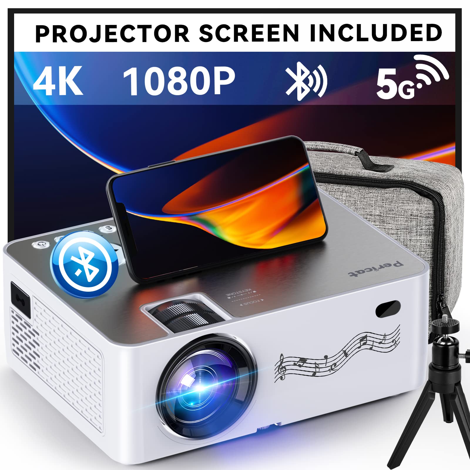 Projector with WiFi and Bluetooth , 5G WiFi, Native 1080P/12000L Video Projector with Screen, 4K Support Outdoor Projector, 350'' Display Phone Projector with Carry Bag for iPhone,TV Stick, Mac