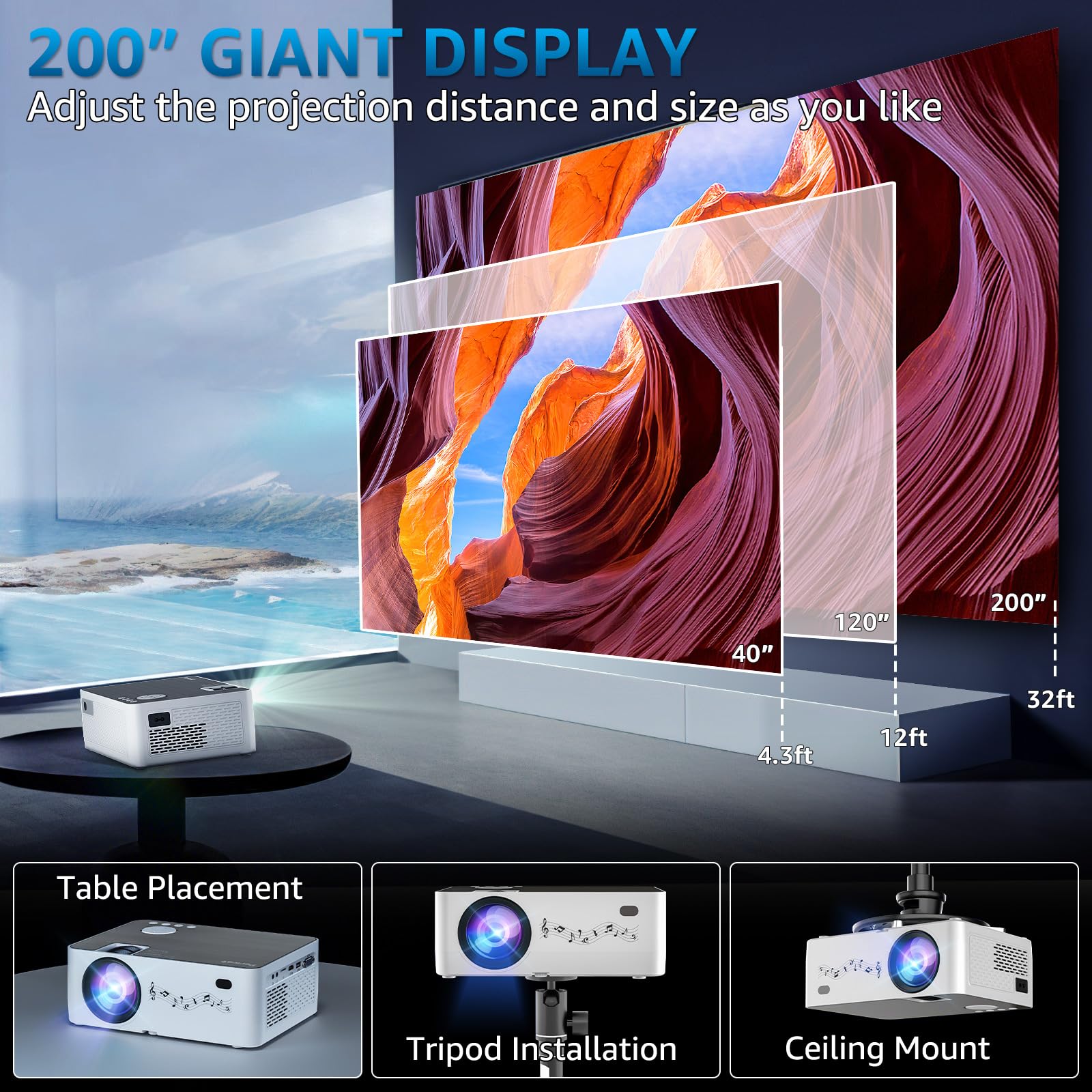 Projector with WiFi and Bluetooth , 5G WiFi, Native 1080P/12000L Video Projector with Screen, 4K Support Outdoor Projector, 350'' Display Phone Projector with Carry Bag for iPhone,TV Stick, Mac