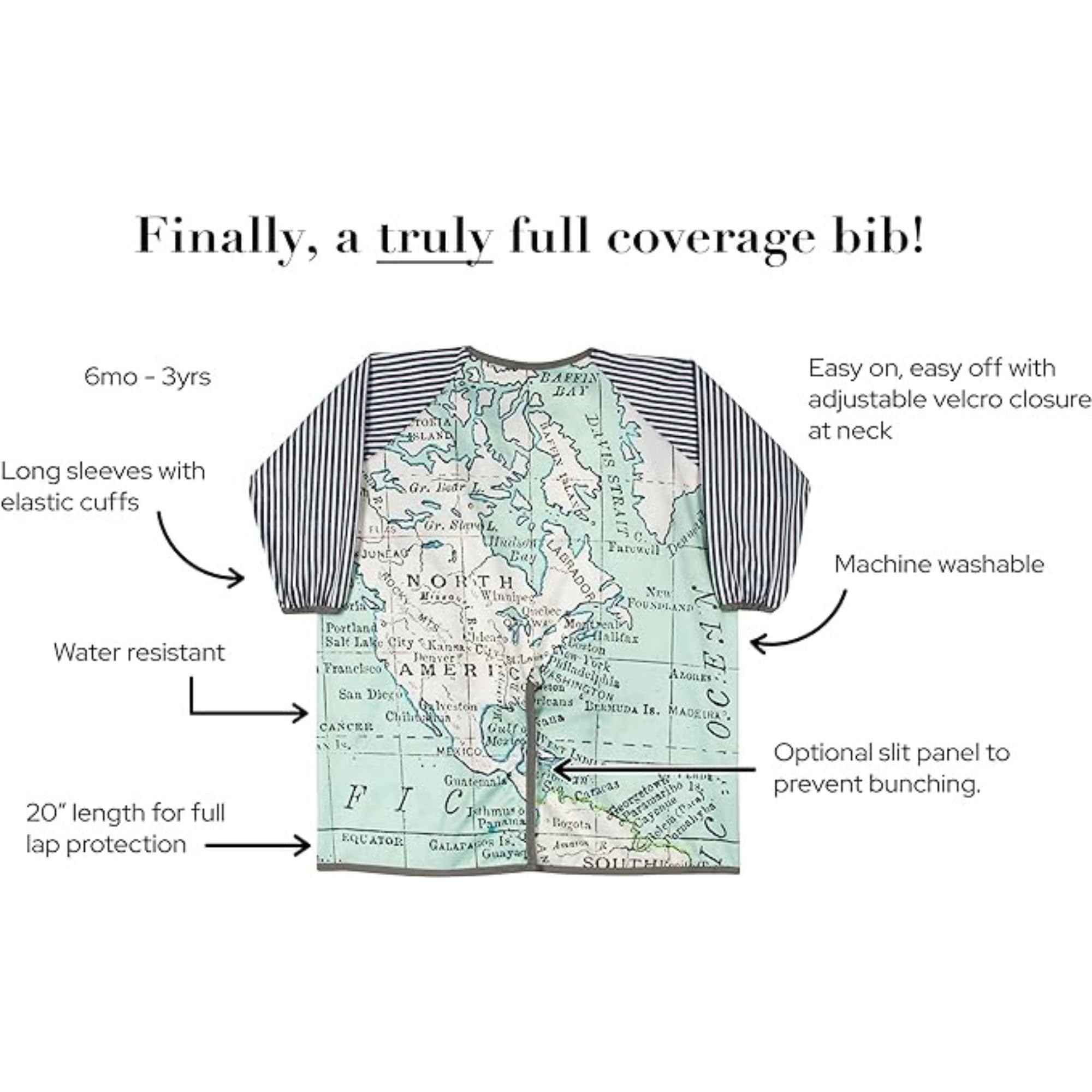 Bibbrella Long Sleeve Bibs for Messy Eaters, Full Coverage Bibs For Baby and Toddlers, Baby Led Weaning Bibs 6m-3y, Toddler Bibs 1-3 years Waterproof Bibs, Blue Map