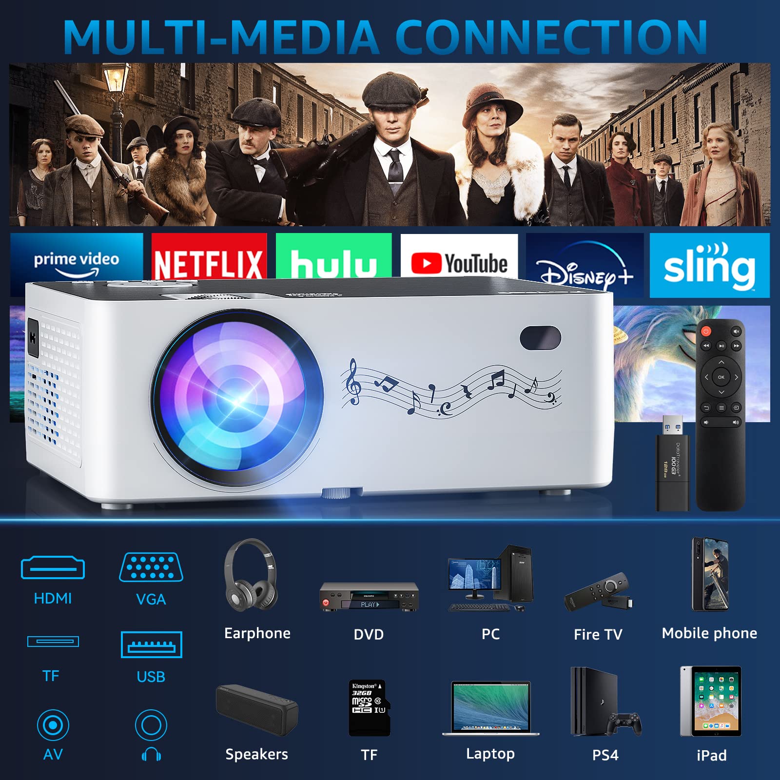 Projector with WiFi and Bluetooth , 5G WiFi, Native 1080P/12000L Video Projector with Screen, 4K Support Outdoor Projector, 350'' Display Phone Projector with Carry Bag for iPhone,TV Stick, Mac
