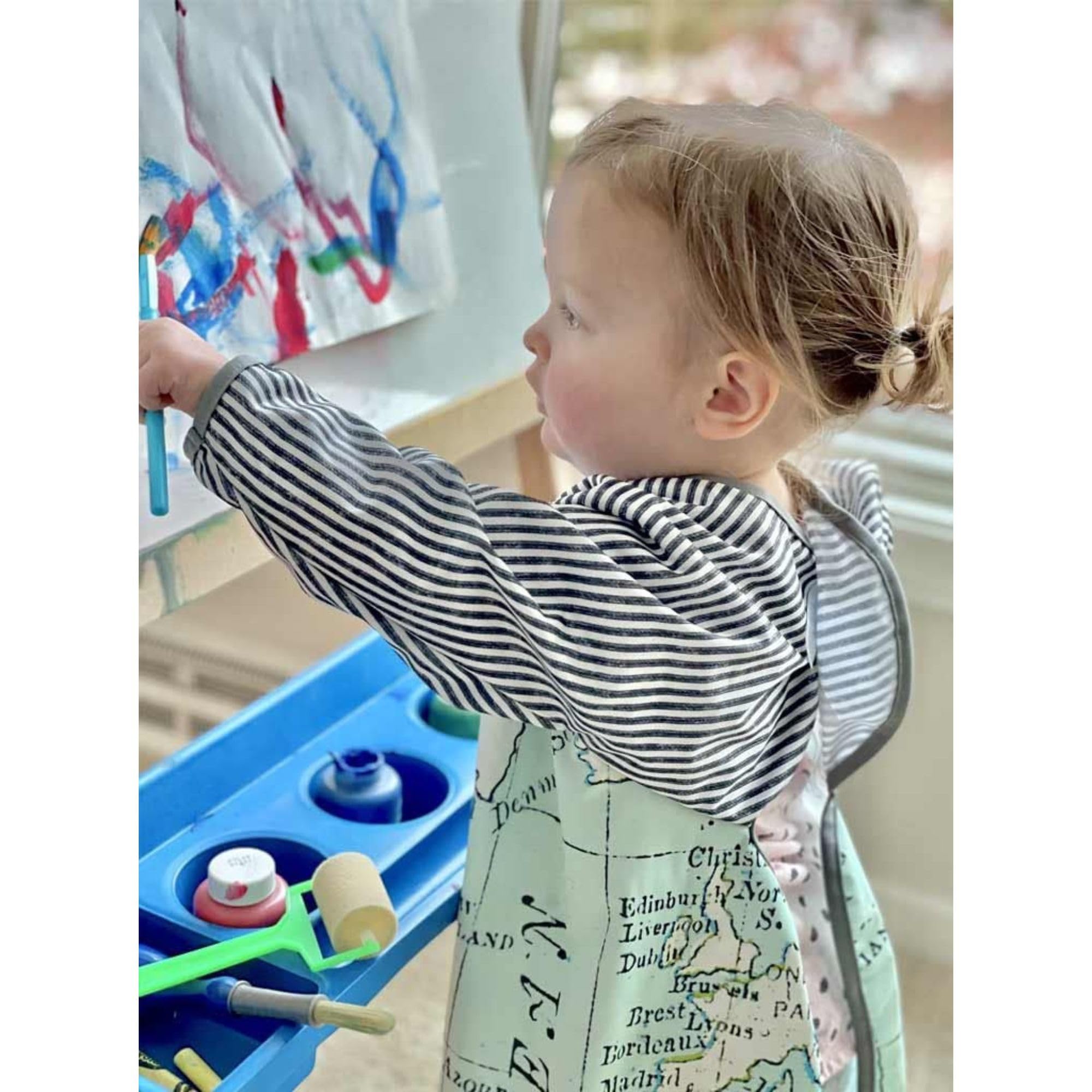 Bibbrella Long Sleeve Bibs for Messy Eaters, Full Coverage Bibs For Baby and Toddlers, Baby Led Weaning Bibs 6m-3y, Toddler Bibs 1-3 years Waterproof Bibs, Blue Map
