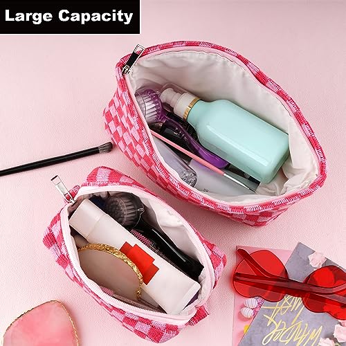 Wowang 2pcs Cute Makeup Bag Checkered Cosmetic Bag Makeup Pouch Travel Toiletry Bag for Women Aesthetic Accessories Makeup Brushes Storage Bag Organizer (Pink)