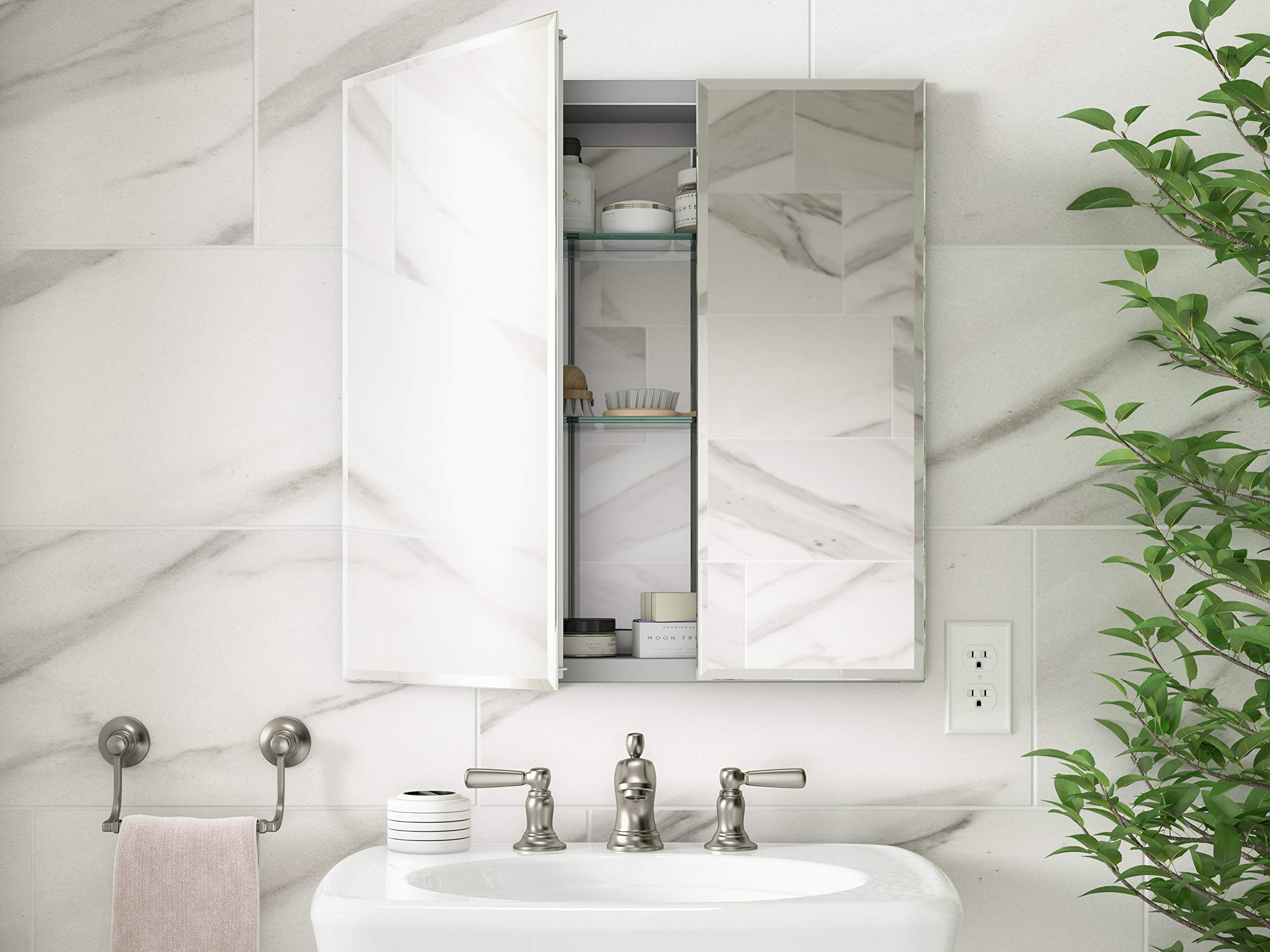 KOHLER CB-CLC2526FS CLC Flat 25" W x 26" H Two Medicine Cabinet with Mirrored Doors, Beveled Edges, Anodized Aluminum