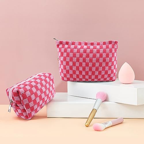 Wowang 2pcs Cute Makeup Bag Checkered Cosmetic Bag Makeup Pouch Travel Toiletry Bag for Women Aesthetic Accessories Makeup Brushes Storage Bag Organizer (Pink)